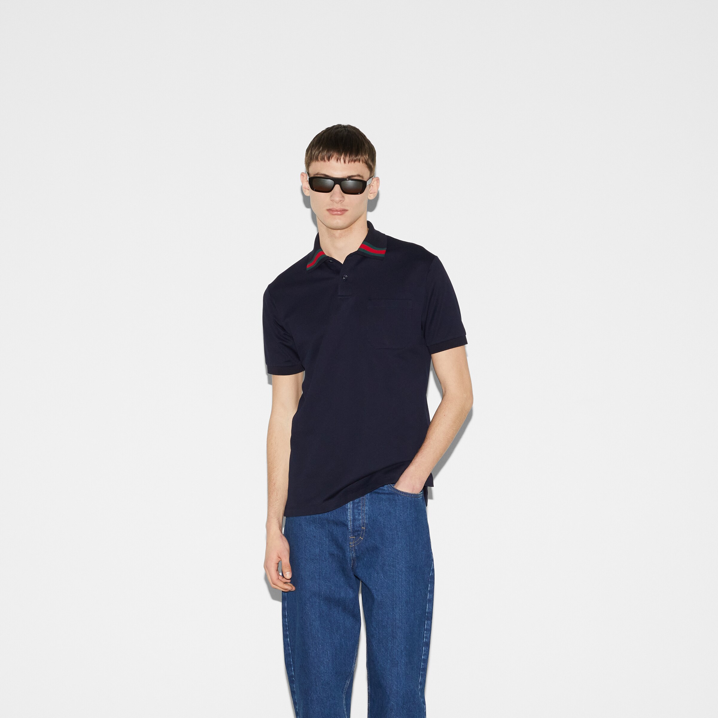 Cotton polo shirt with Web in navy | GUCCI® ZA