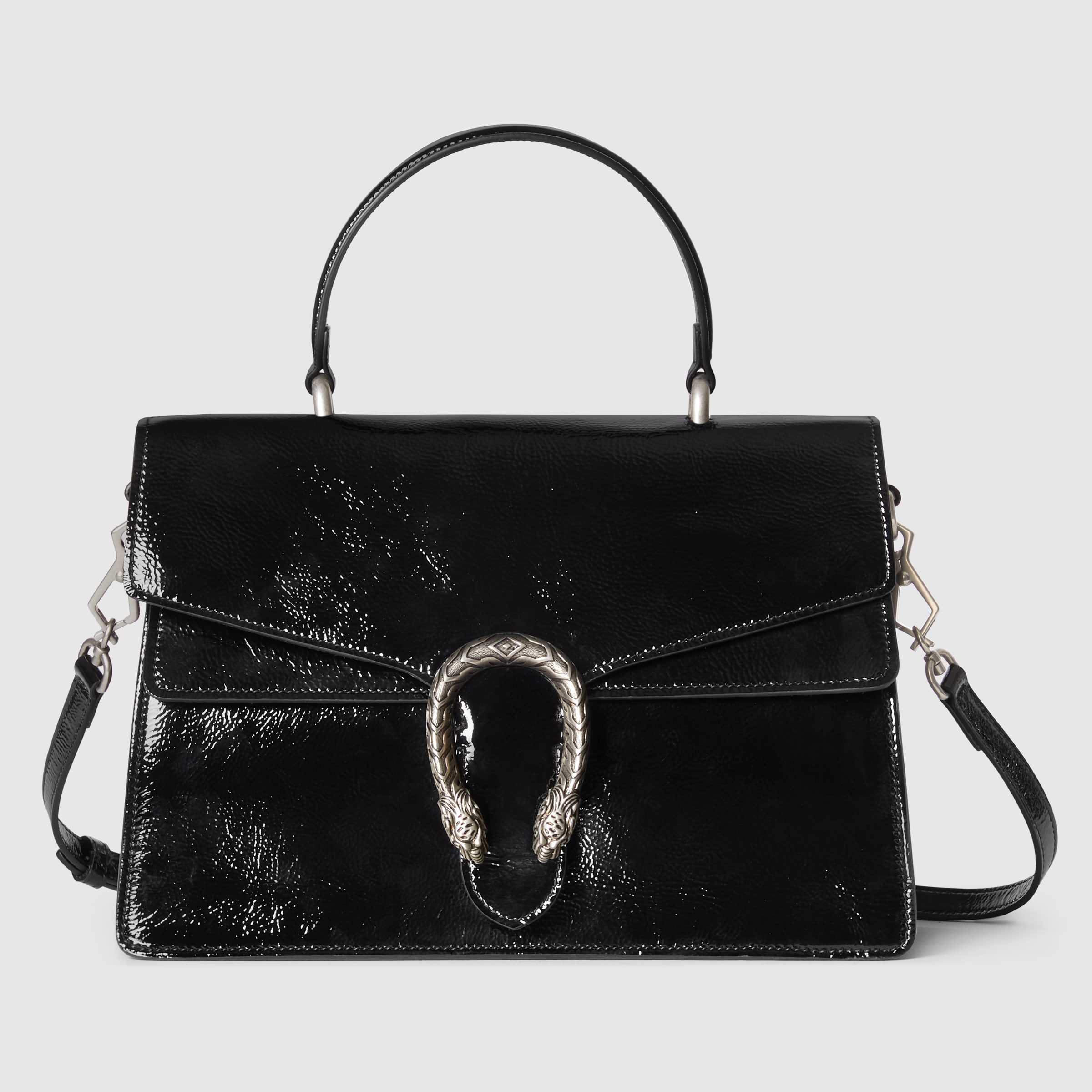 Dionysus medium top handle bag in black patent leather | GUCCI® UK