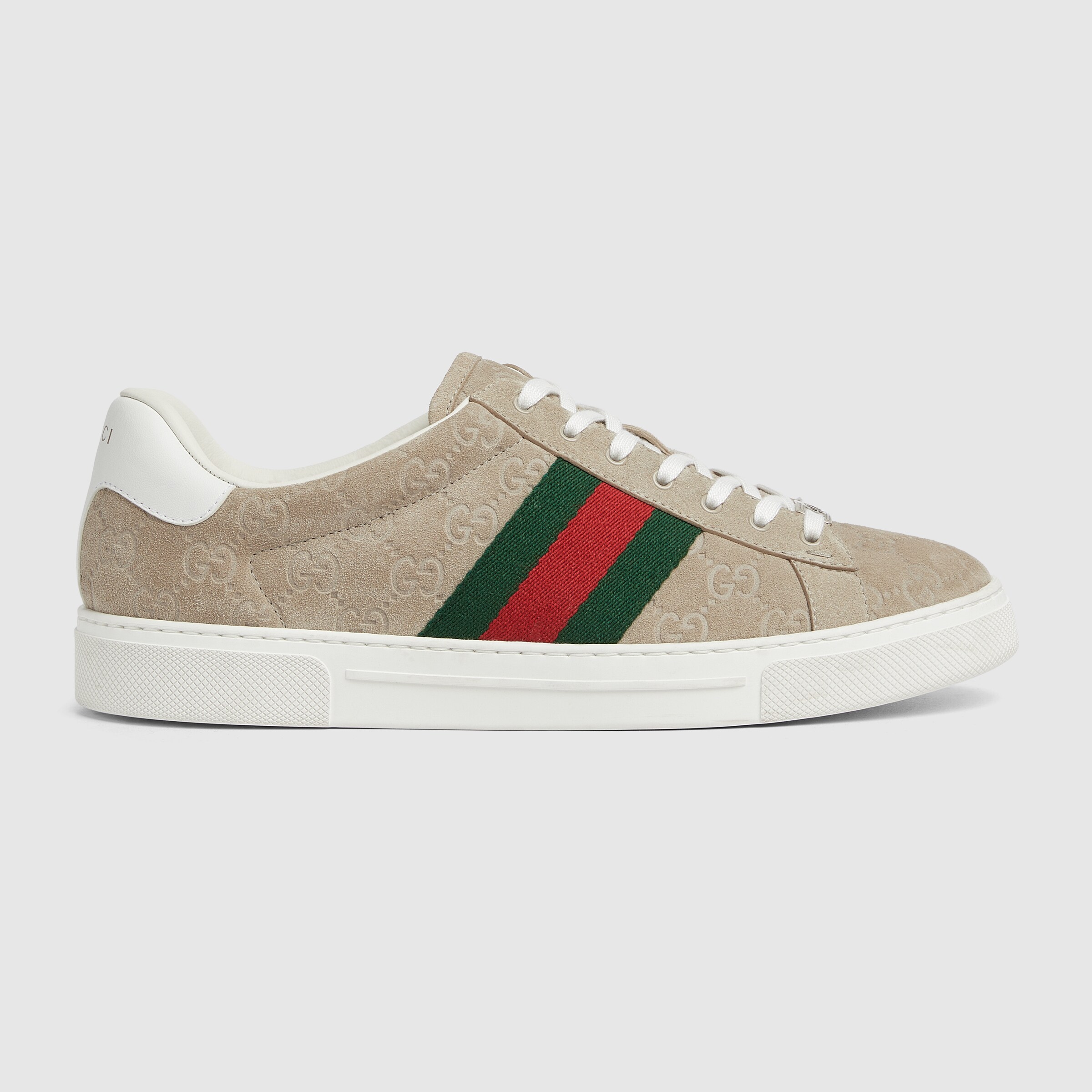 Men's Gucci Ace trainer with Web in oatmeal GG suede | GUCCI® ZA