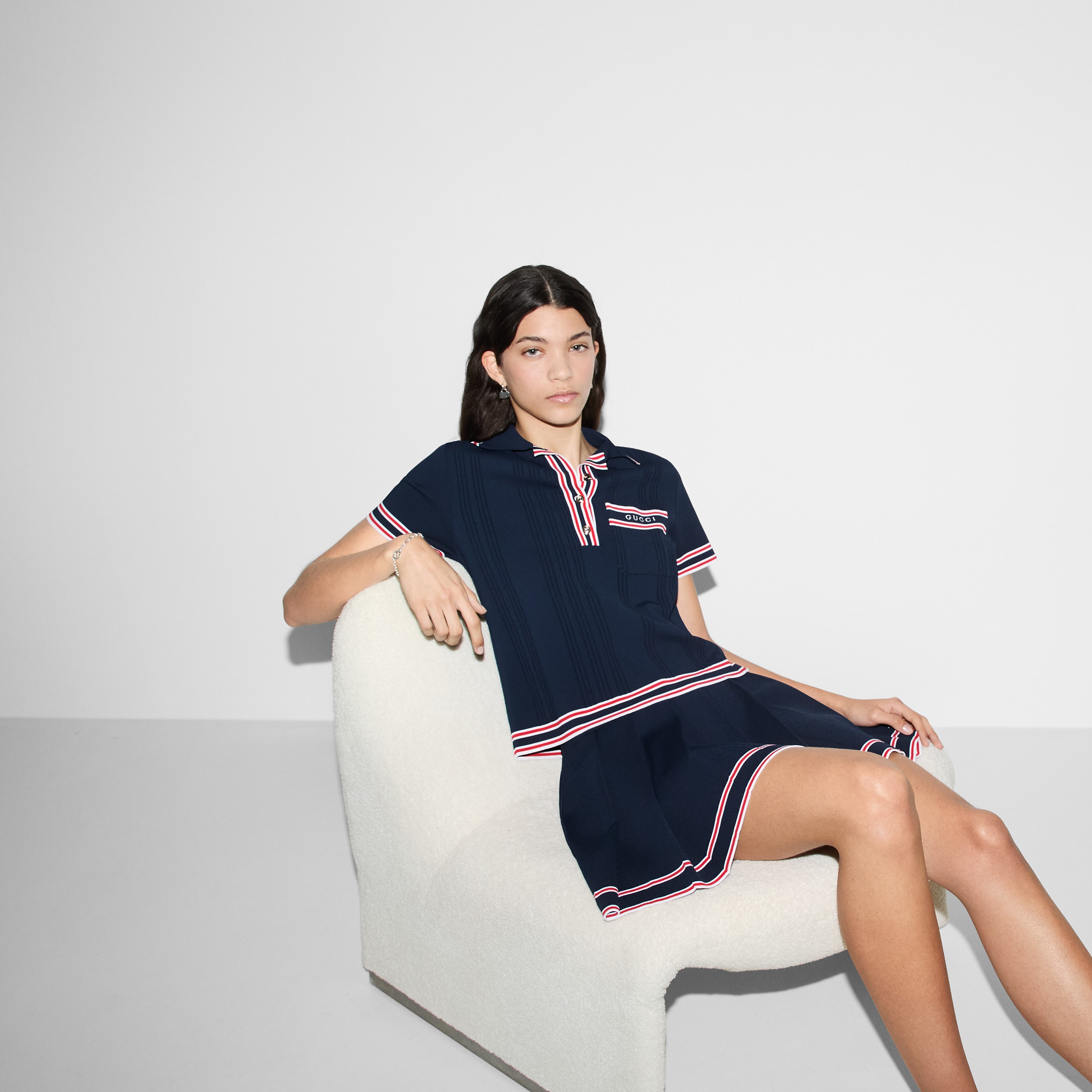 Polo top with striped trim in dark blue | GUCCI® US