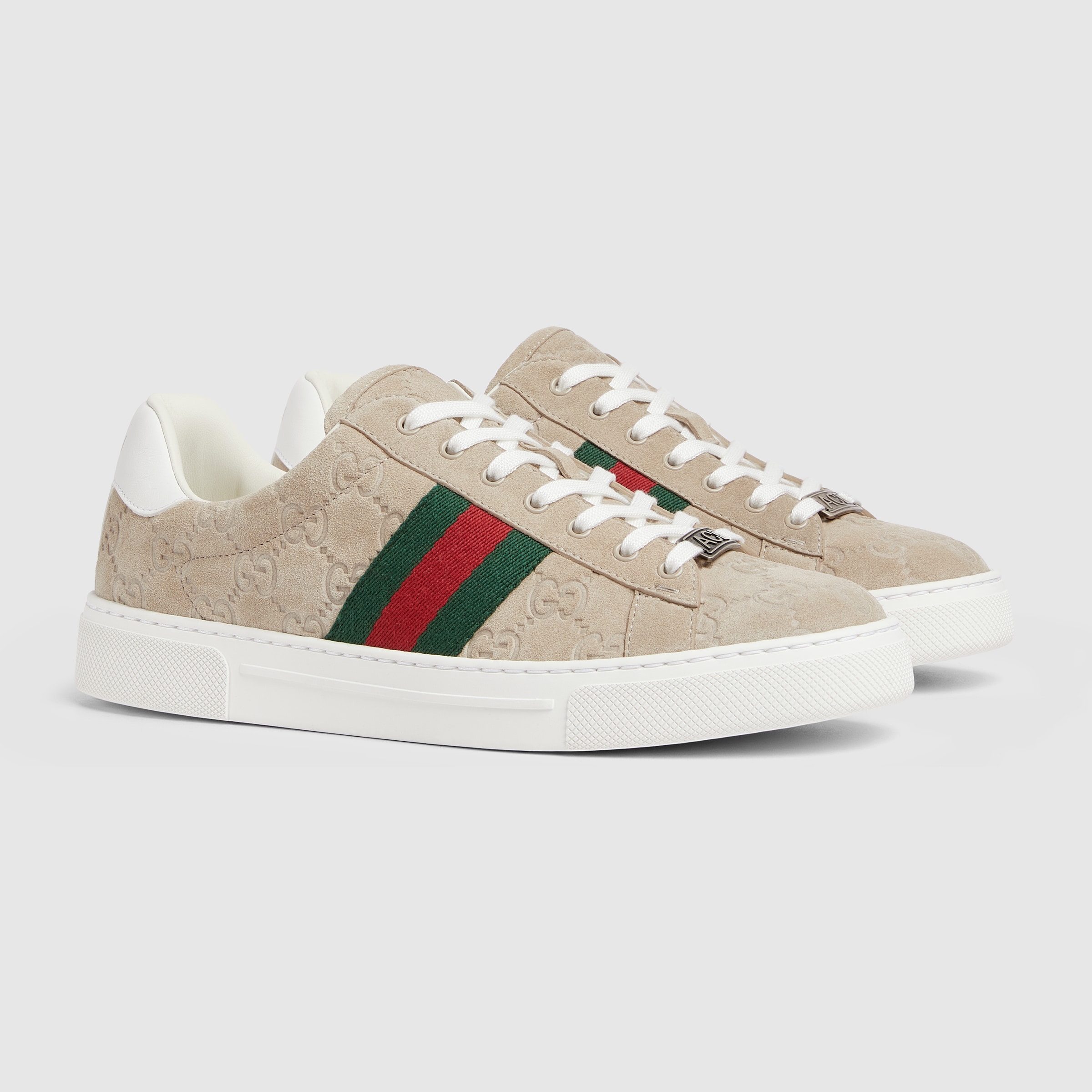 Zapatilla Gucci Ace con tribanda Web de mujer en ante con GG beige | GUCCI® ES