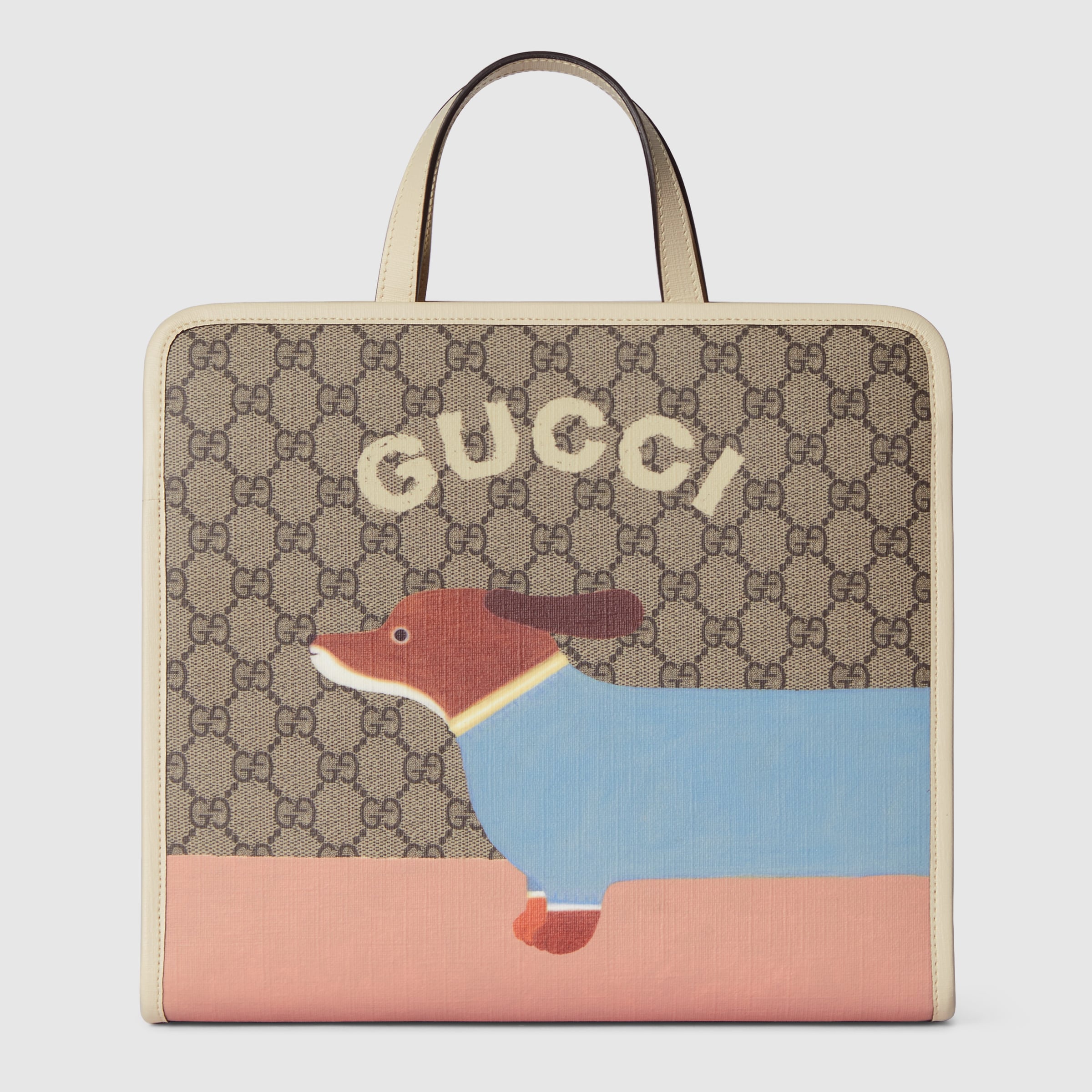 Children's dog print tote bag in beige and dark brown | GUCCI® US