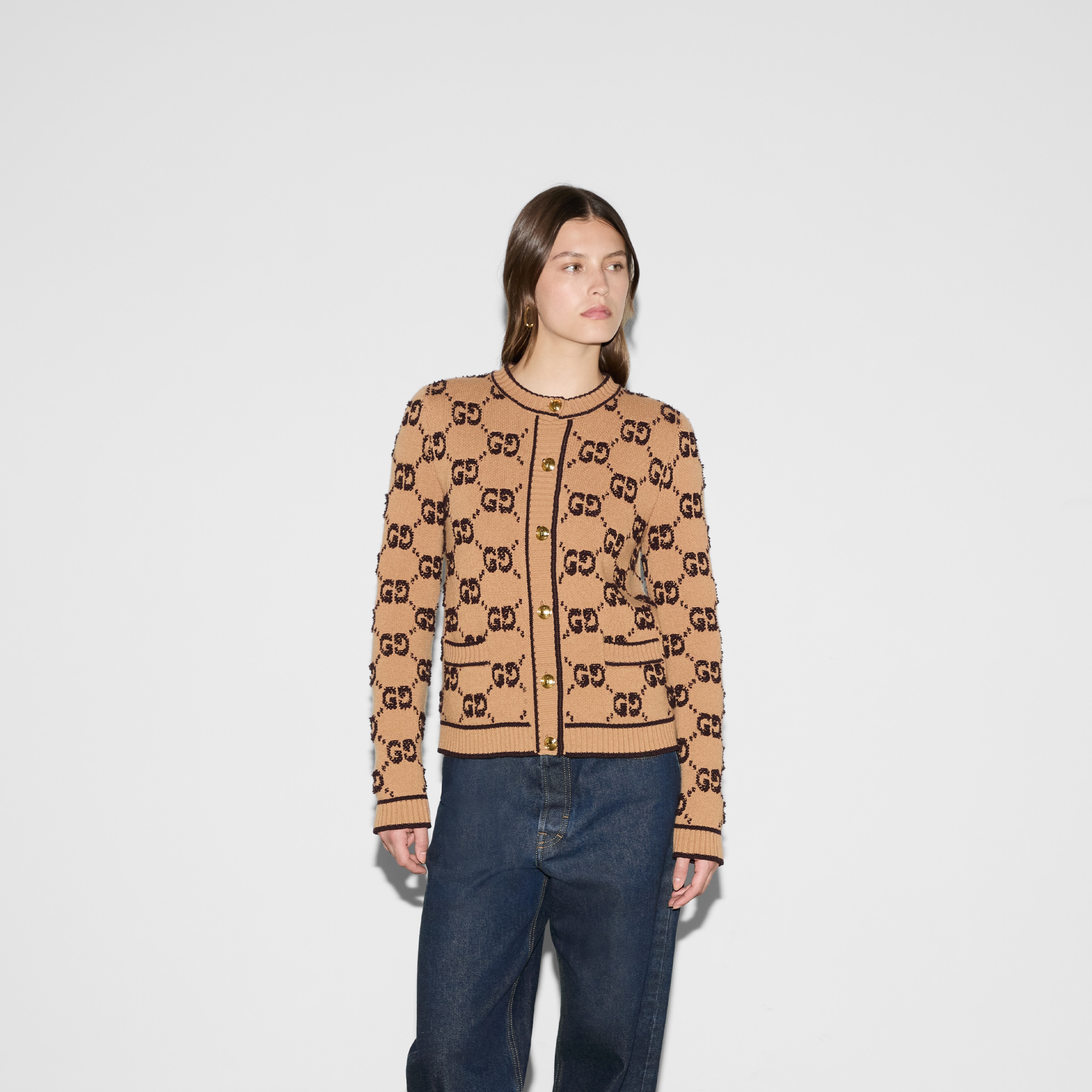 GG wool bouclé jacquard cardigan in camel and brown | GUCCI® US