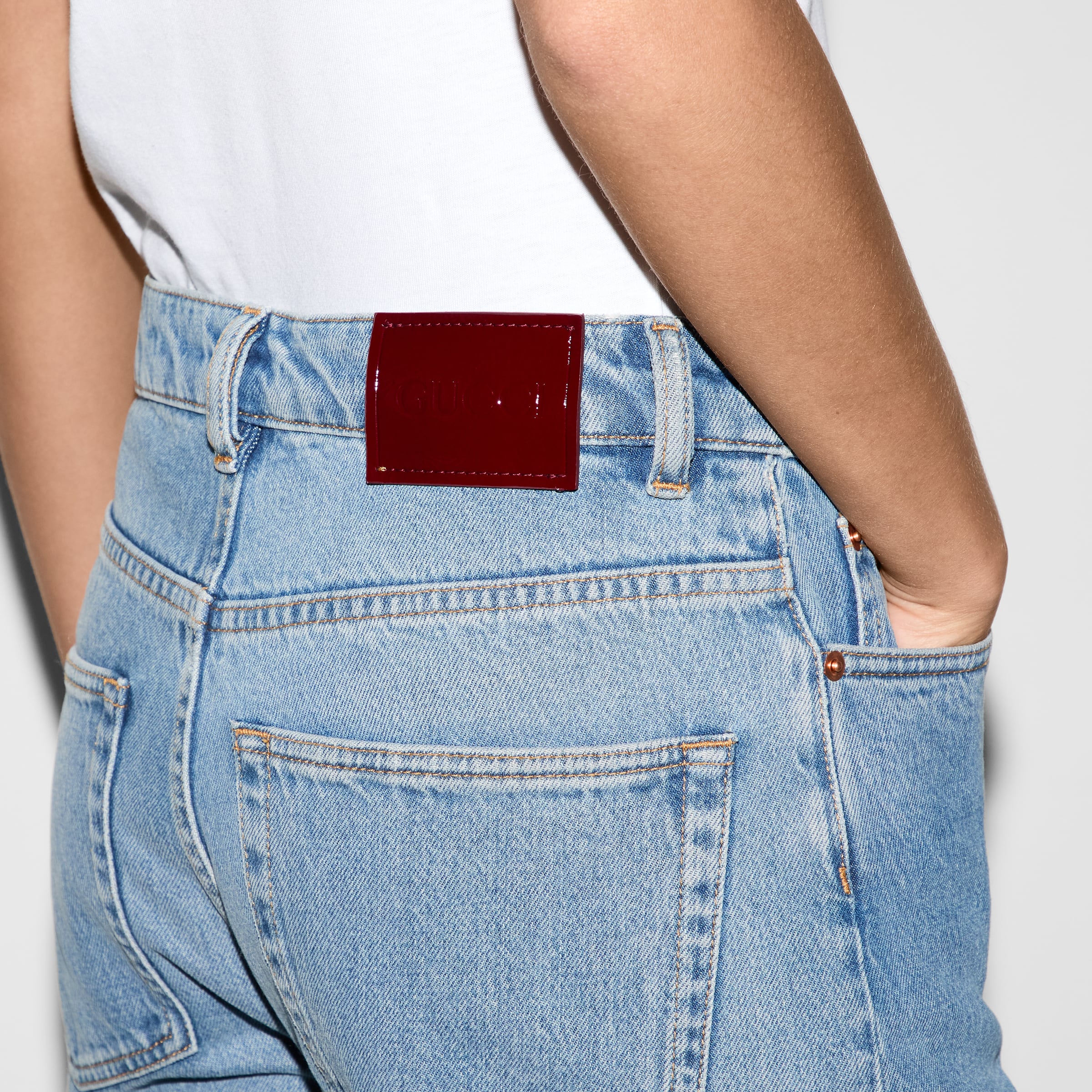 Low waist cropped denim pant in blue | GUCCI® UK