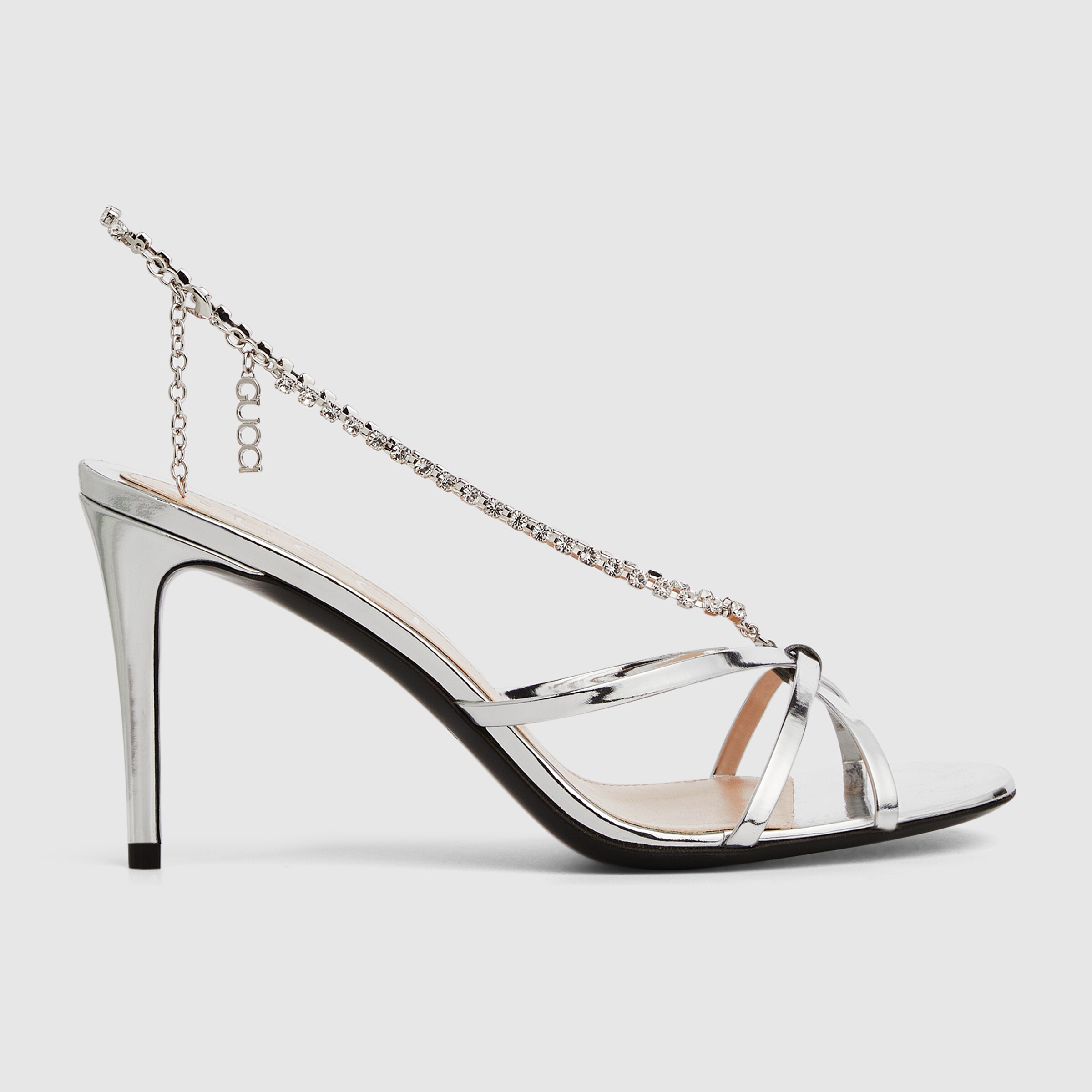 Women's crystal chain sandal in metallic silver leather | GUCCI® AE
