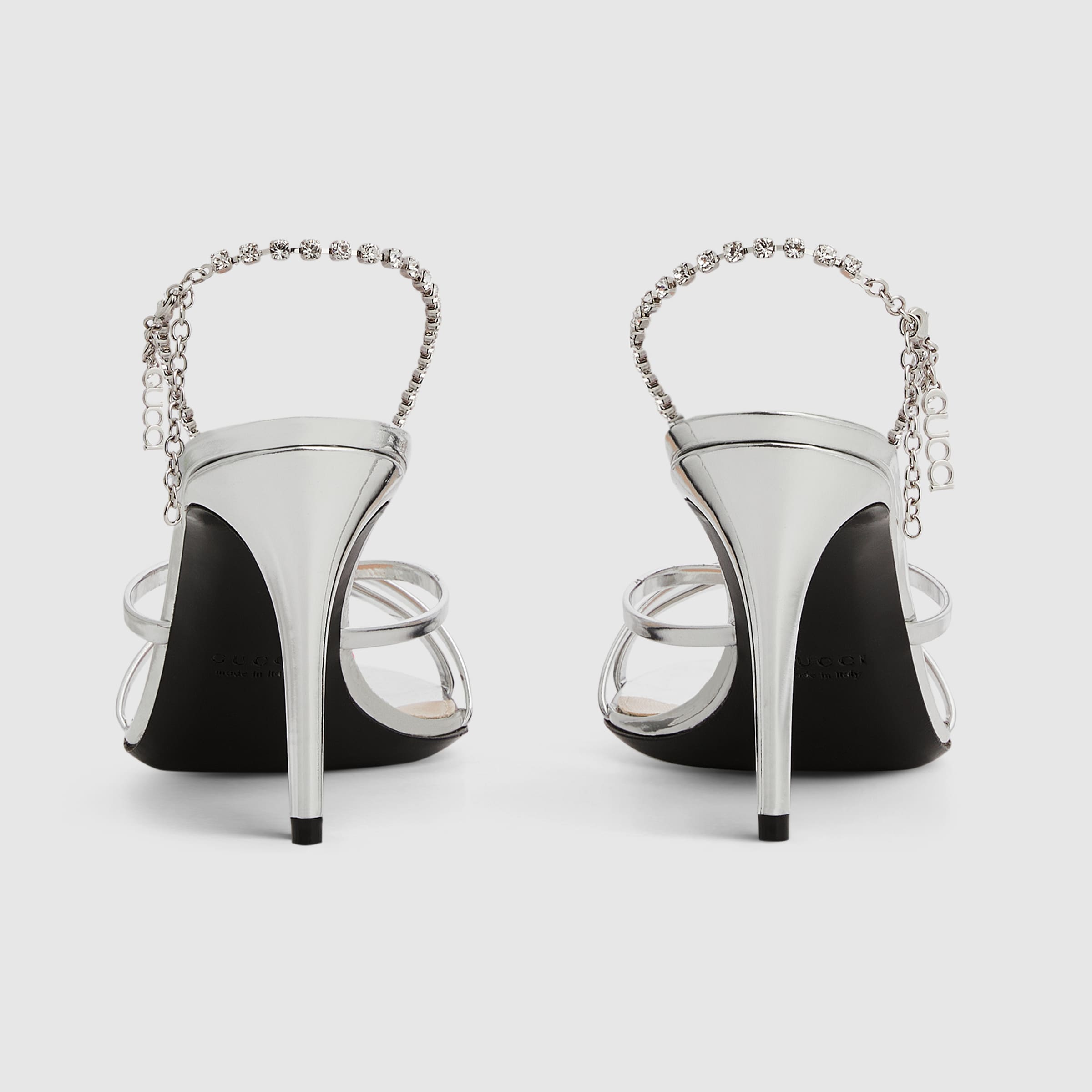 Women's crystal chain sandal in metallic silver leather | GUCCI® AE