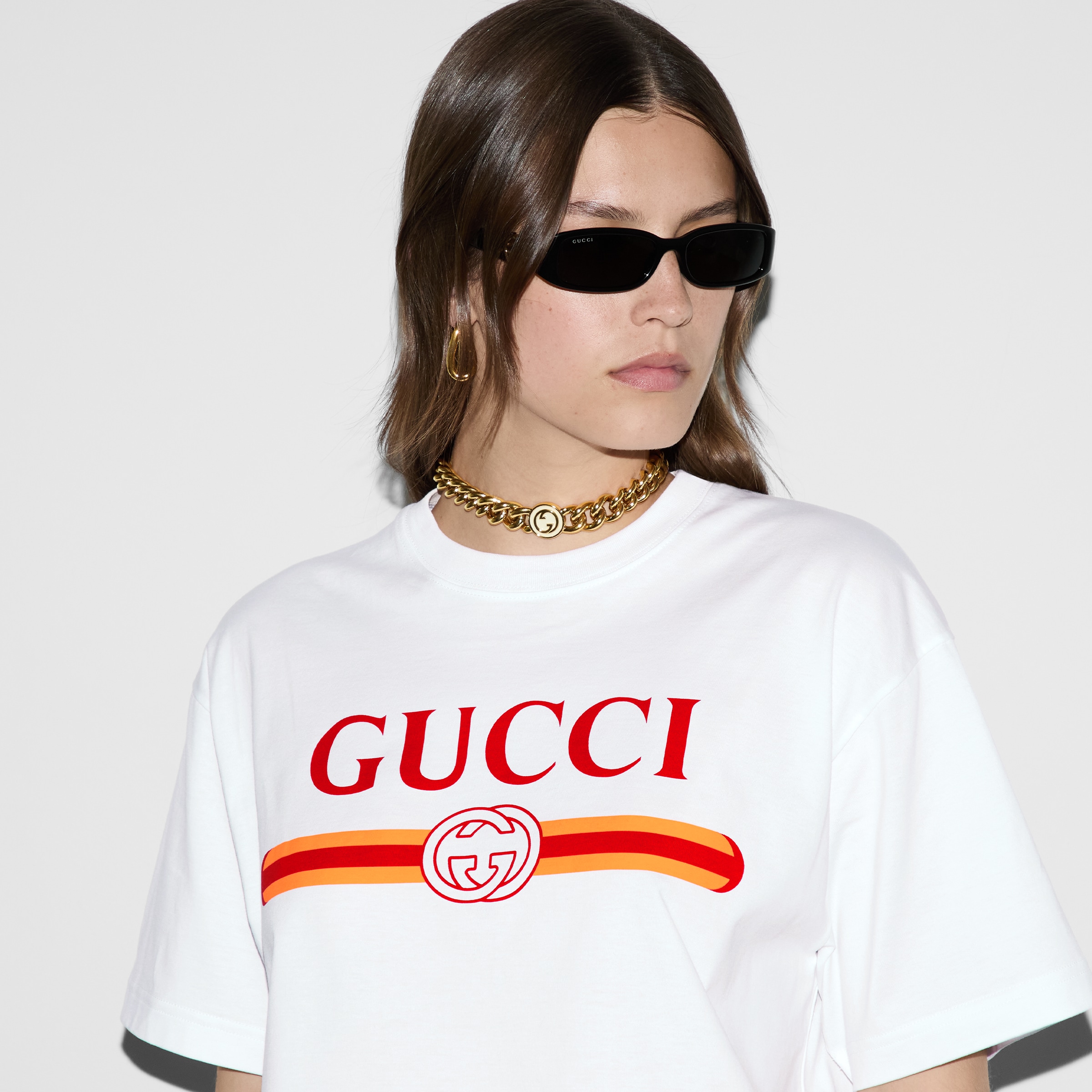 Printed cotton jersey T-shirt in white | GUCCI® US