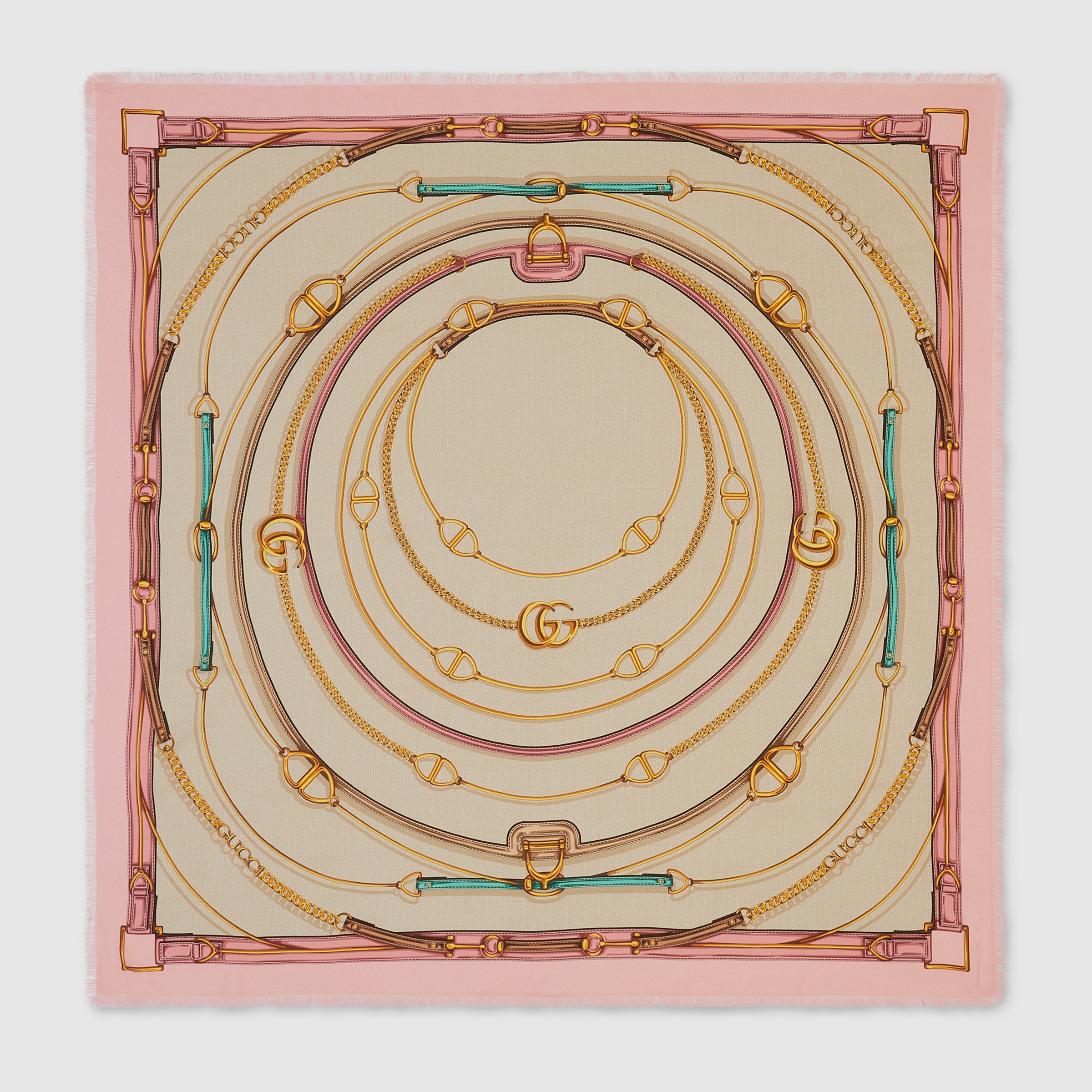 GG belt print cashmere silk shawl in ivory and pink | GUCCI® US