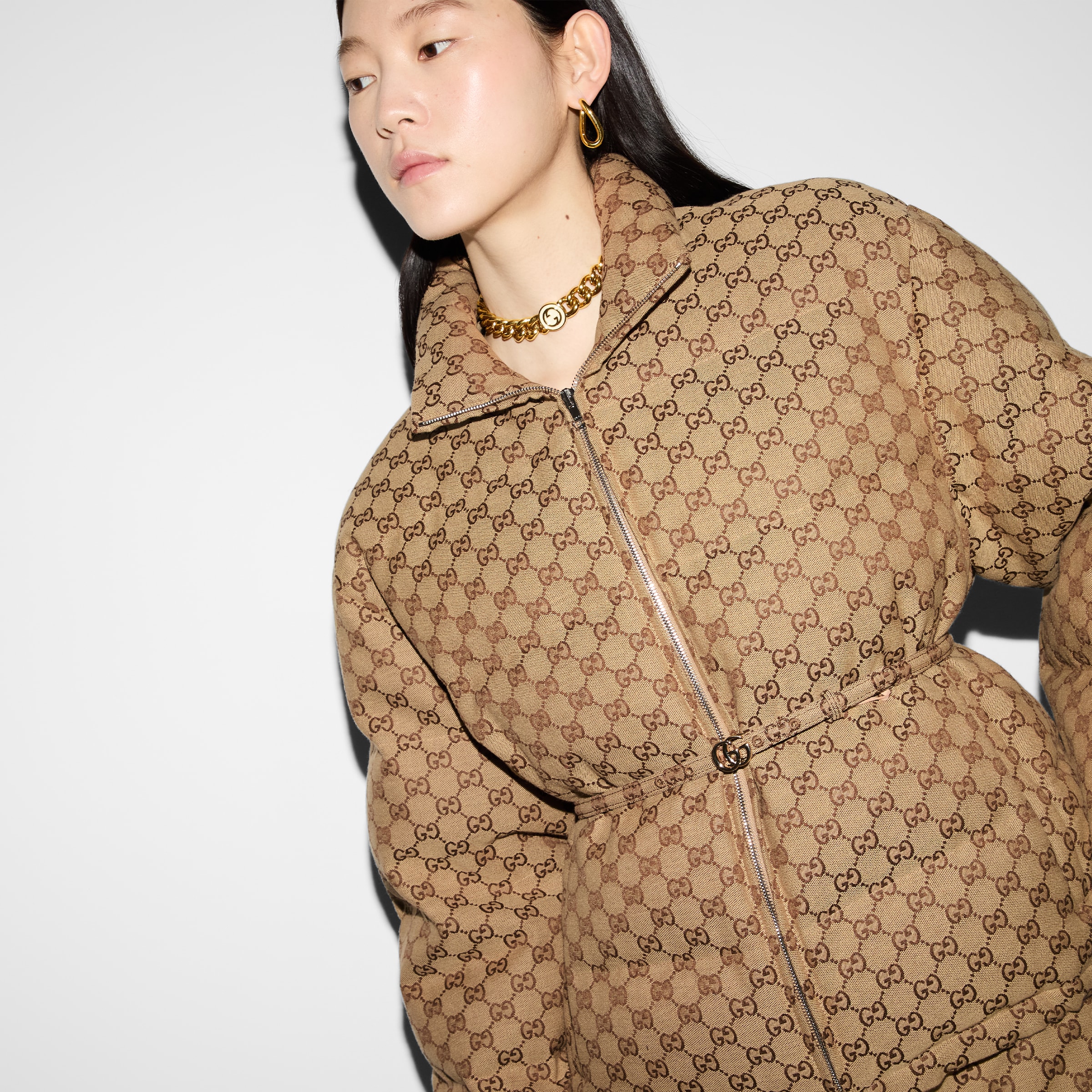 GG canvas bomber jacket in camel and ebony | GUCCI® US