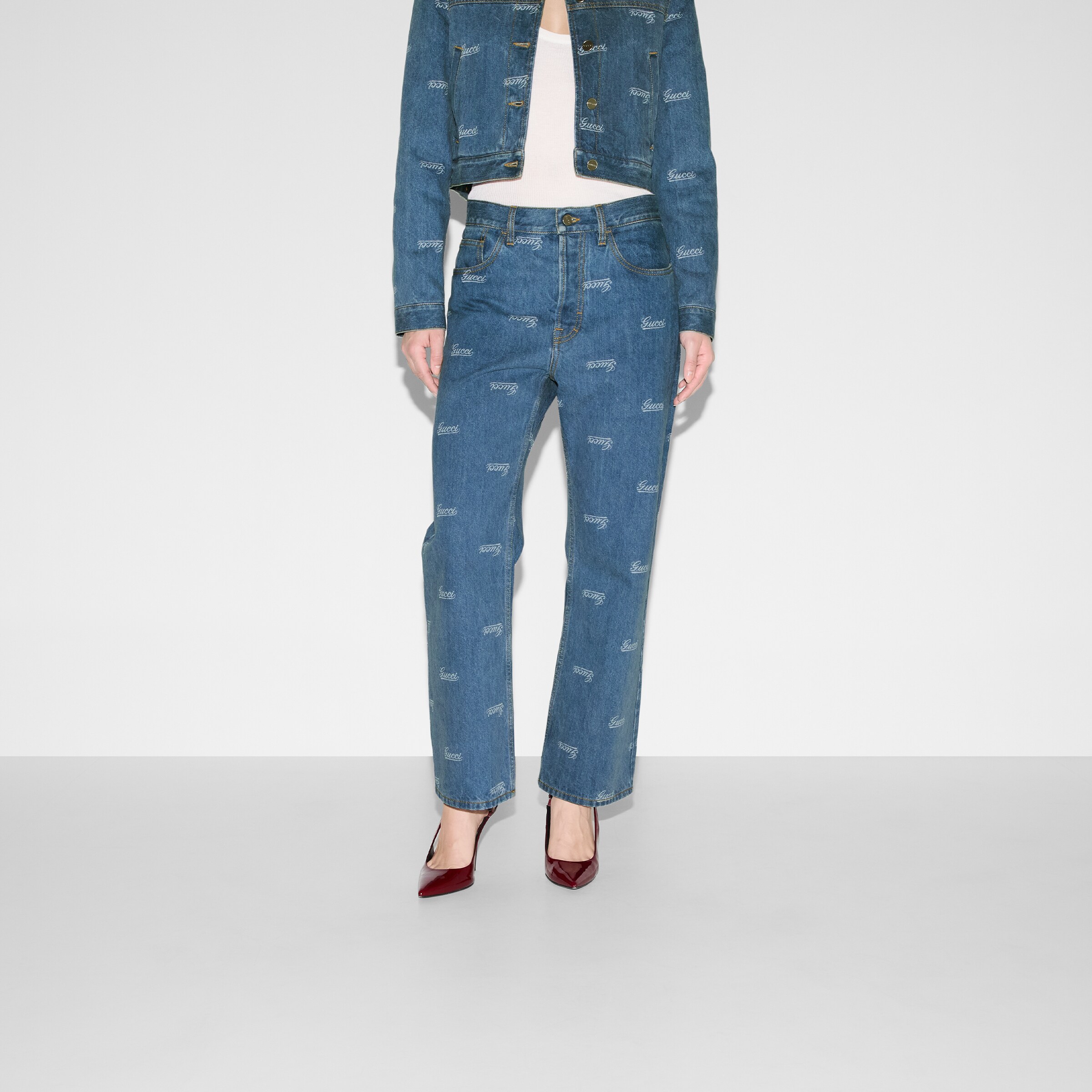 Low waist cropped denim pant in blue | GUCCI® DK