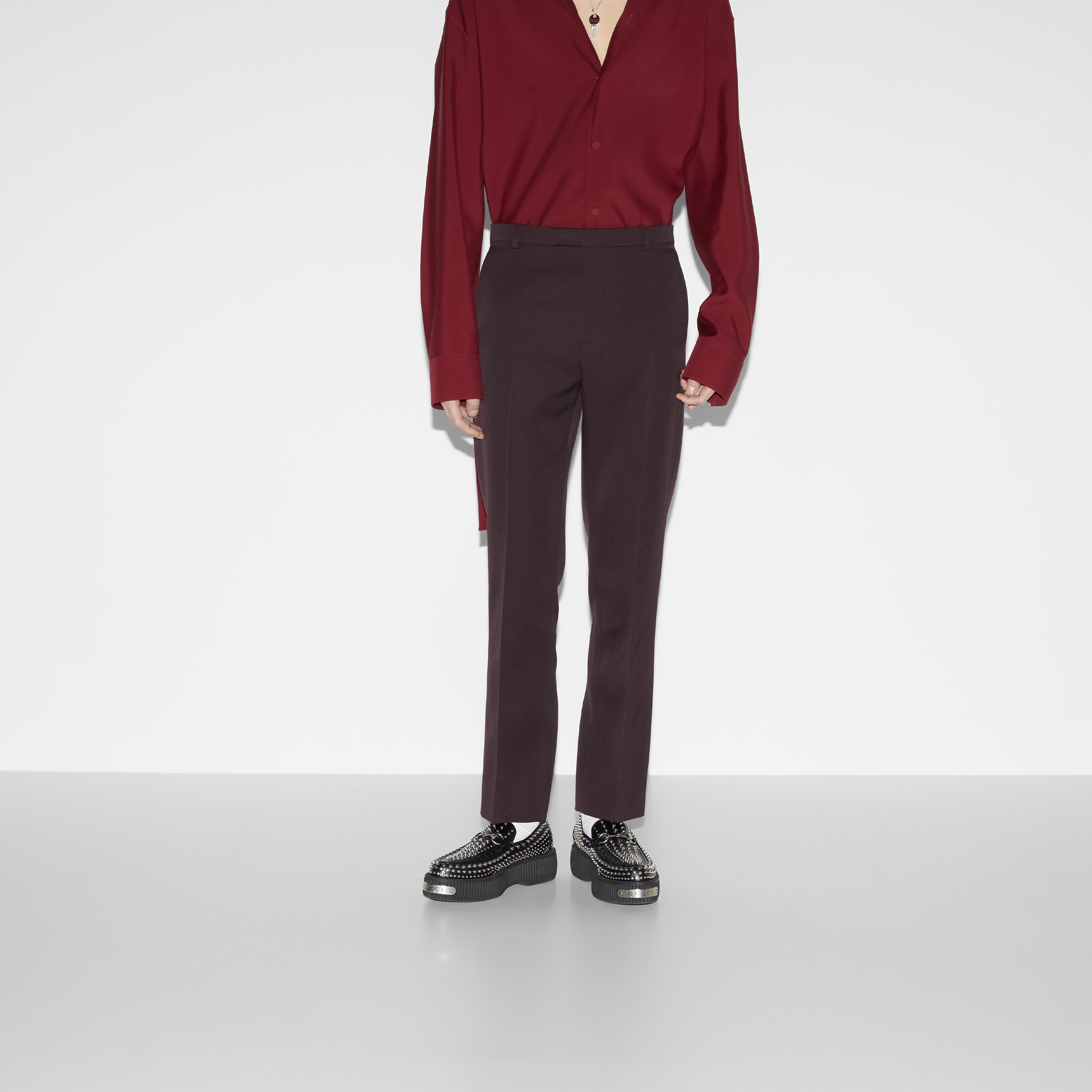 Wool pant with embroidery in burgundy | GUCCI® SG