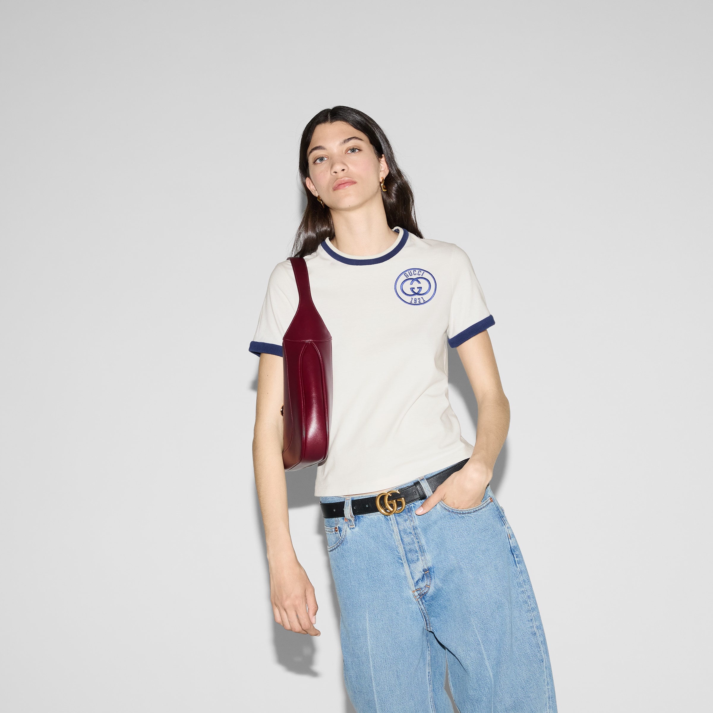 Cotton jersey T-shirt with Gucci embroidery in off white | GUCCI® US