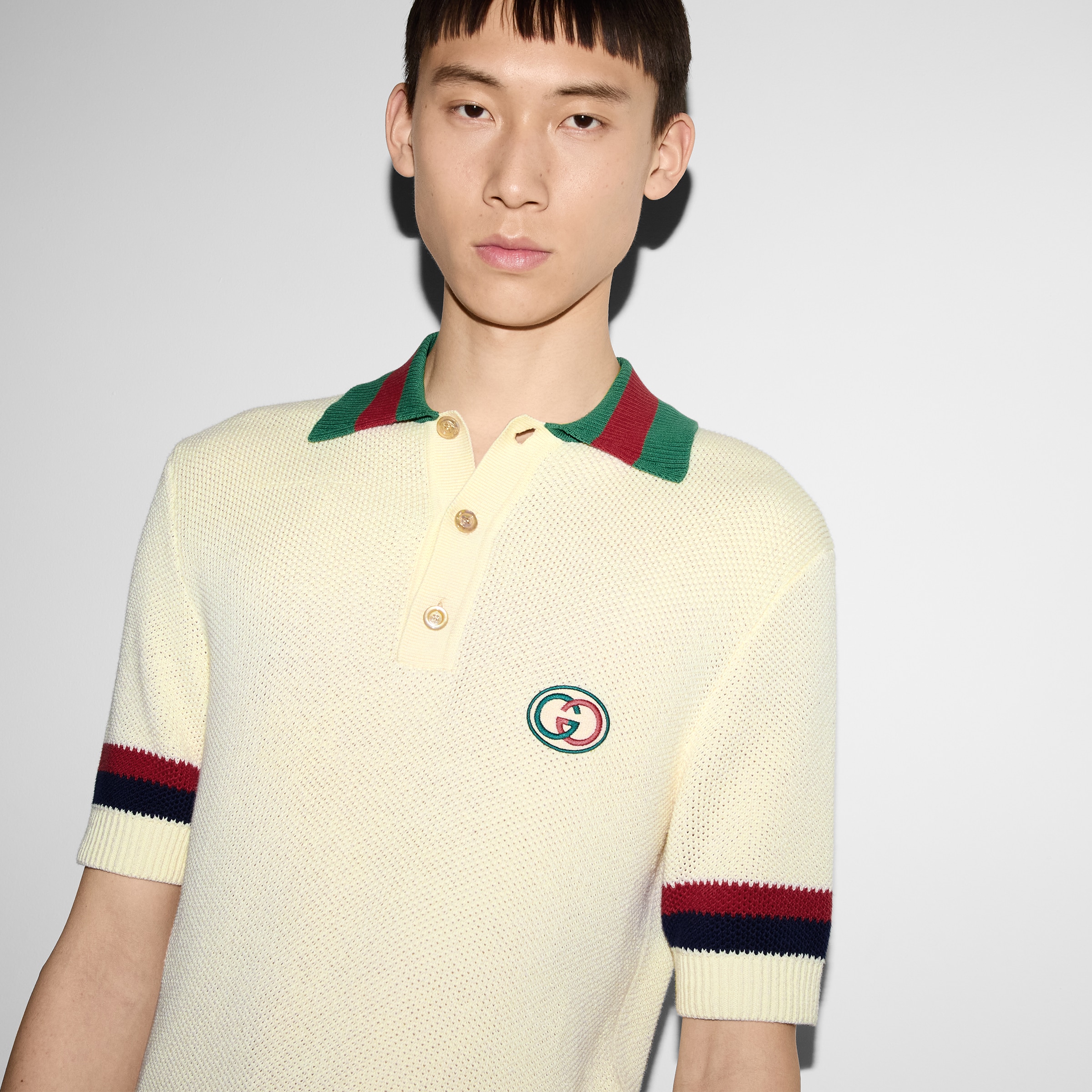 Knit cotton polo shirt with Web in ivory | GUCCI® Canada