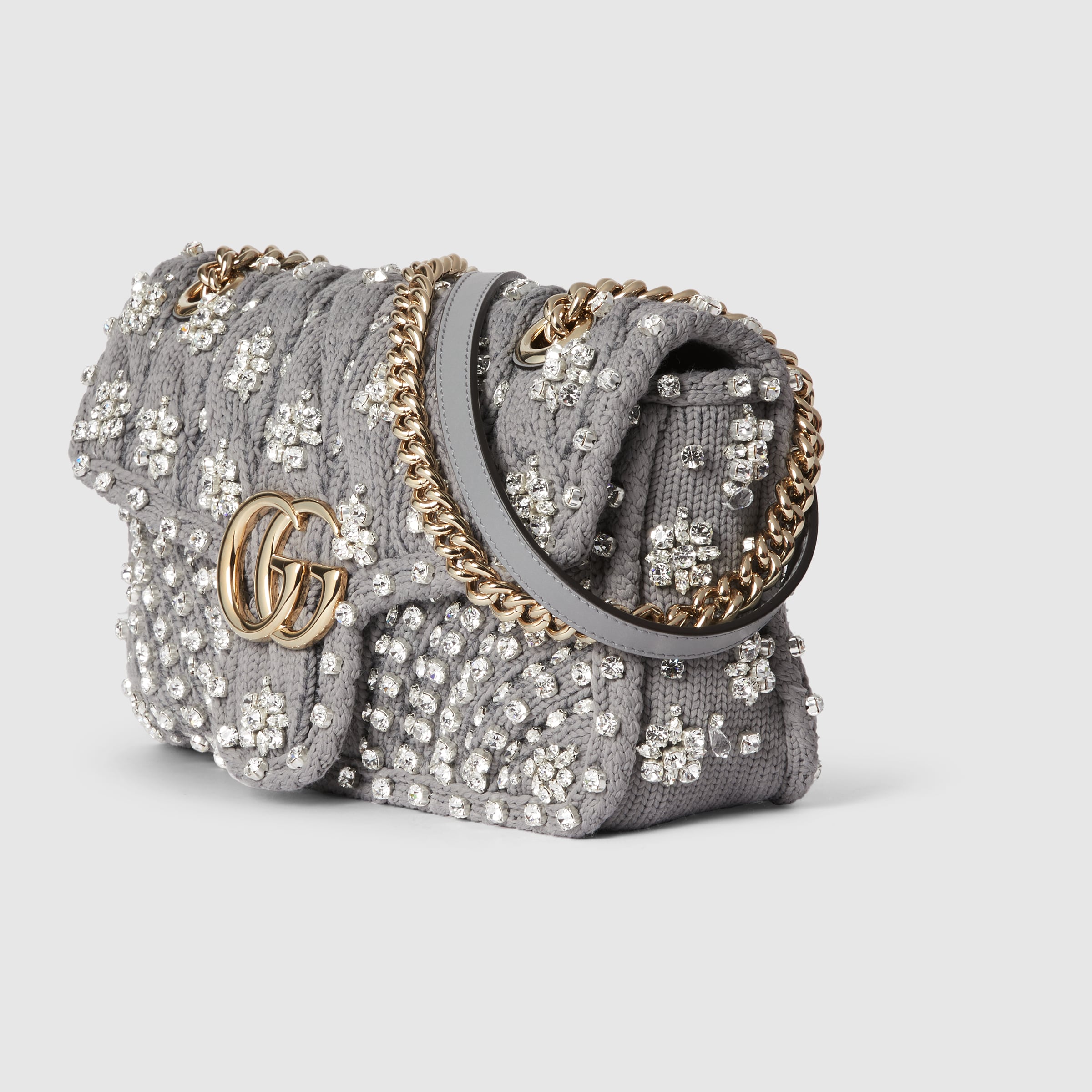 GG Marmont crystals medium shoulder bag in grey wool | GUCCI® UK