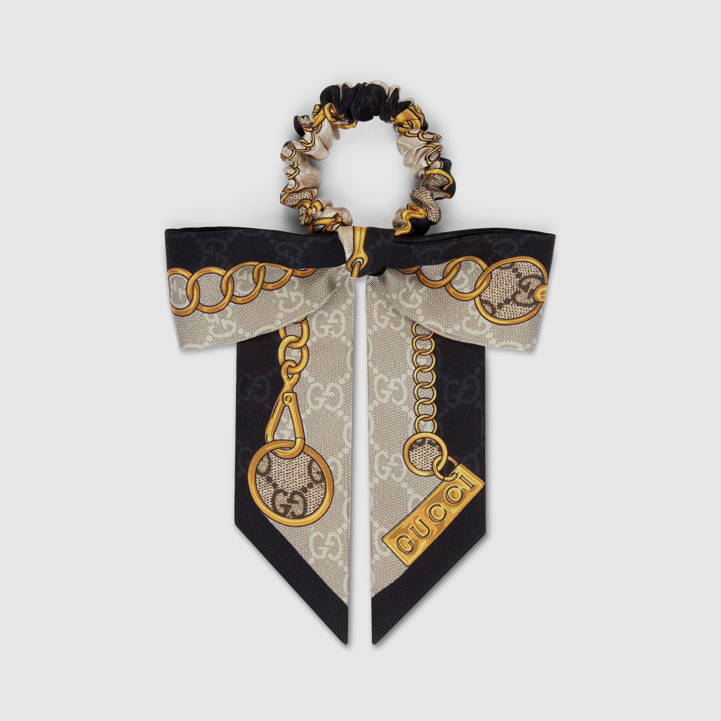GG Gucci chain silk scrunchie in beige and black | GUCCI® US