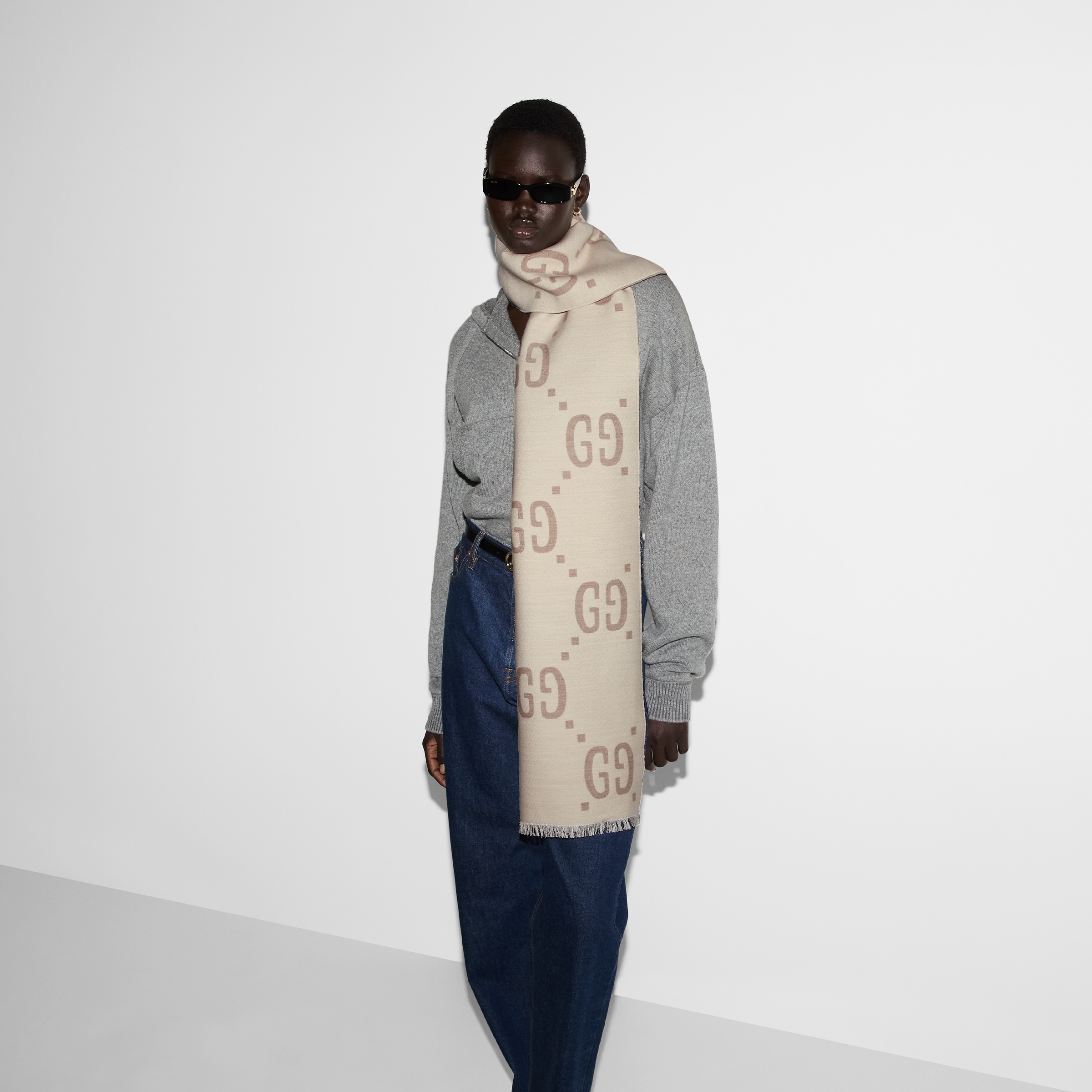 GG jacquard wool silk scarf in ivory and beige | GUCCI® US