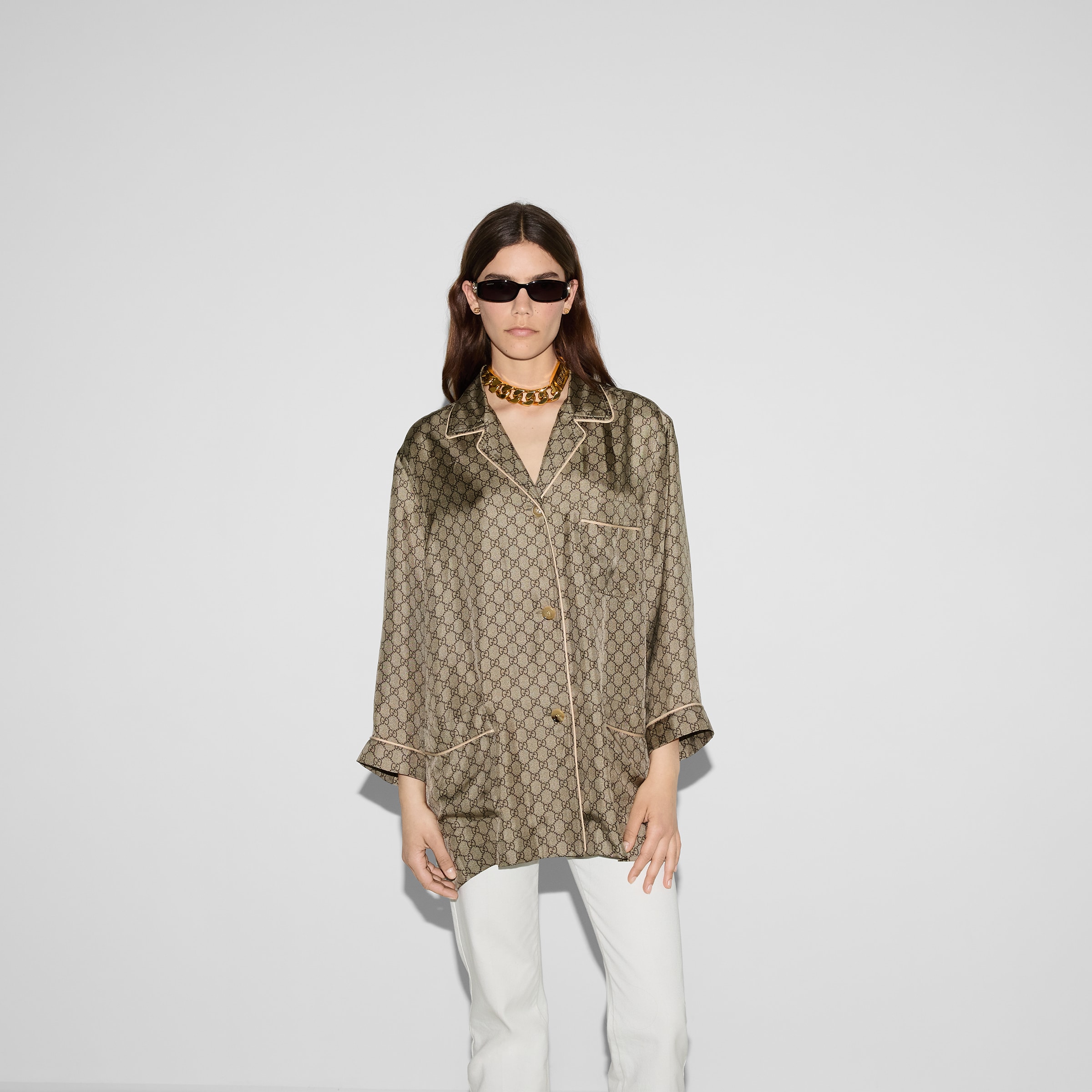 GG Supreme print silk shirt in beige and ebony | GUCCI® US