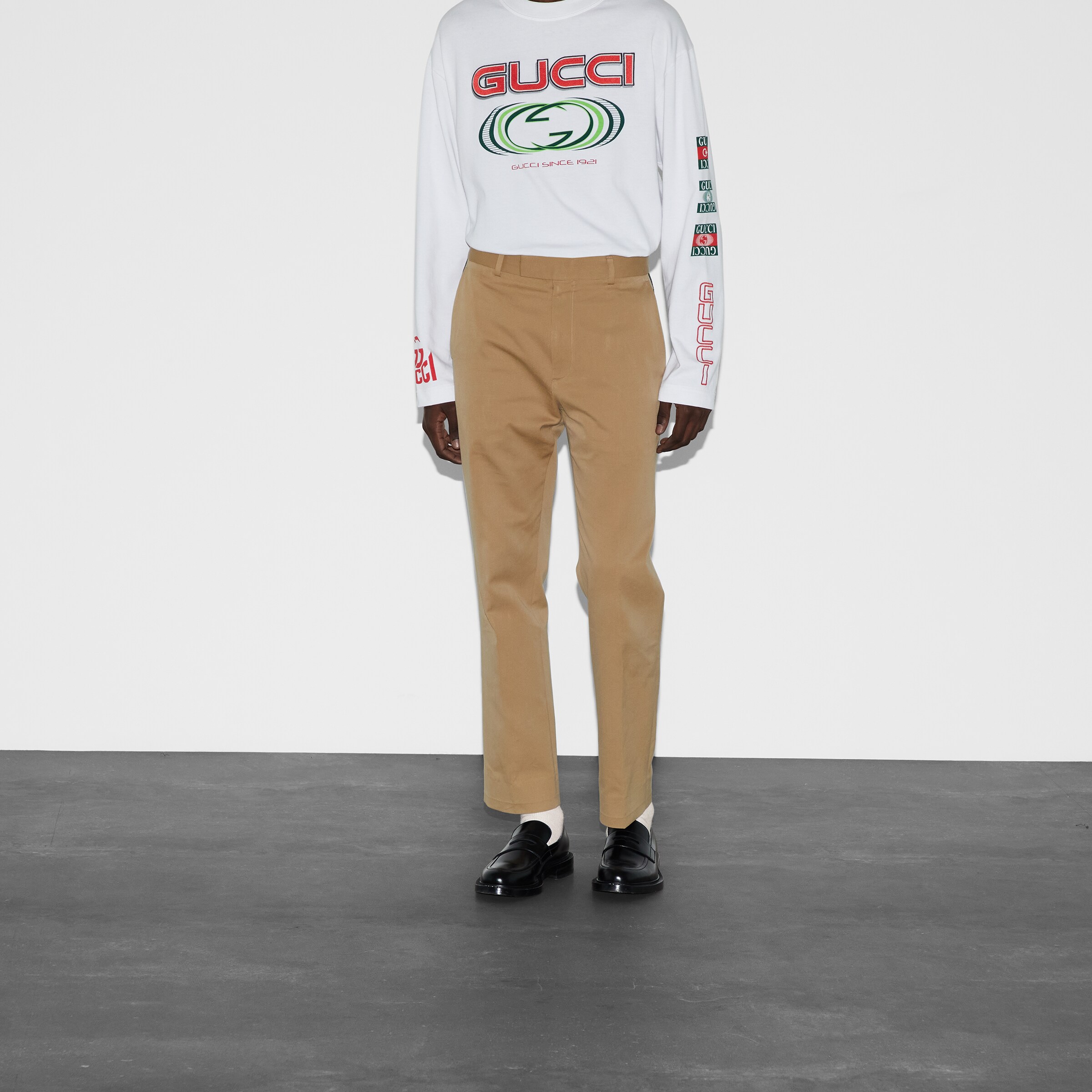 Cotton gabardine pant with Web in beige | GUCCI® US