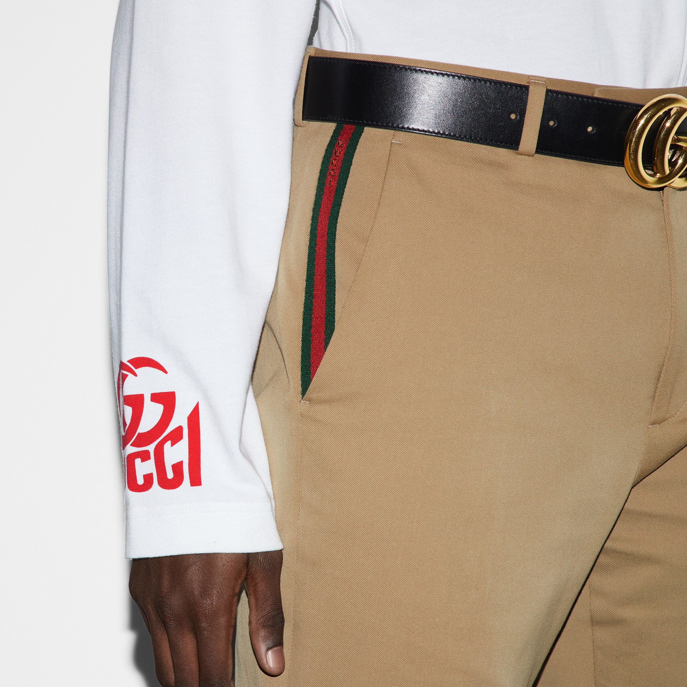 Cotton gabardine pant with Web in beige | GUCCI® US