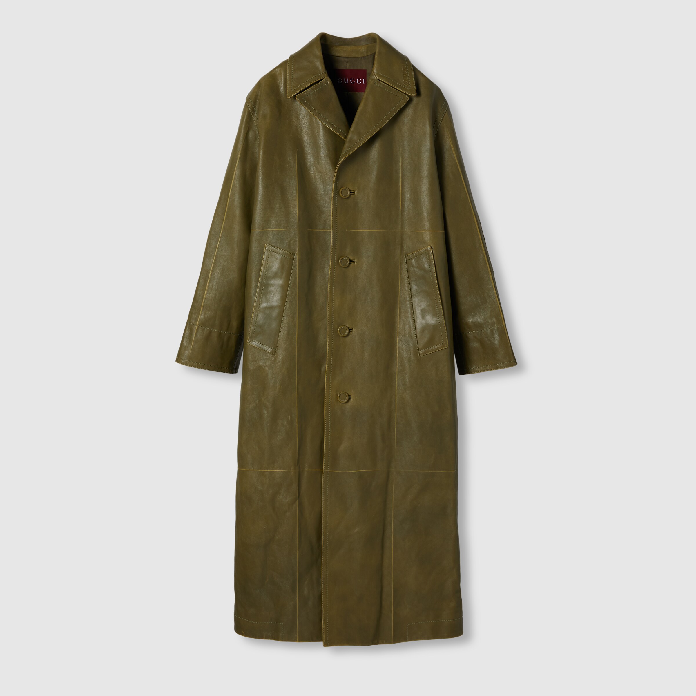 Leather with bleached effect coat in dark green | GUCCI® UK