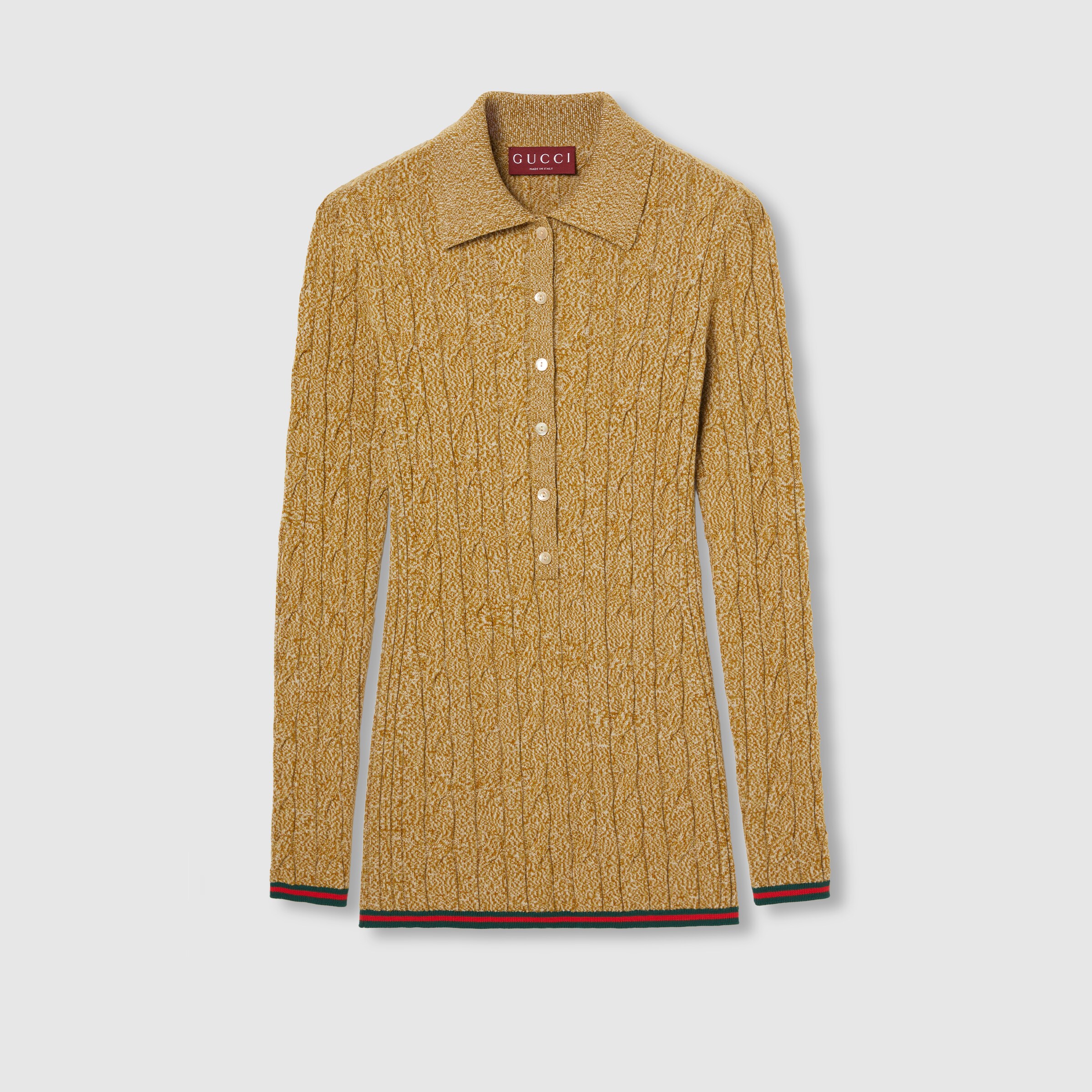 Fine cable and rib wool polo top in yellow | GUCCI® US