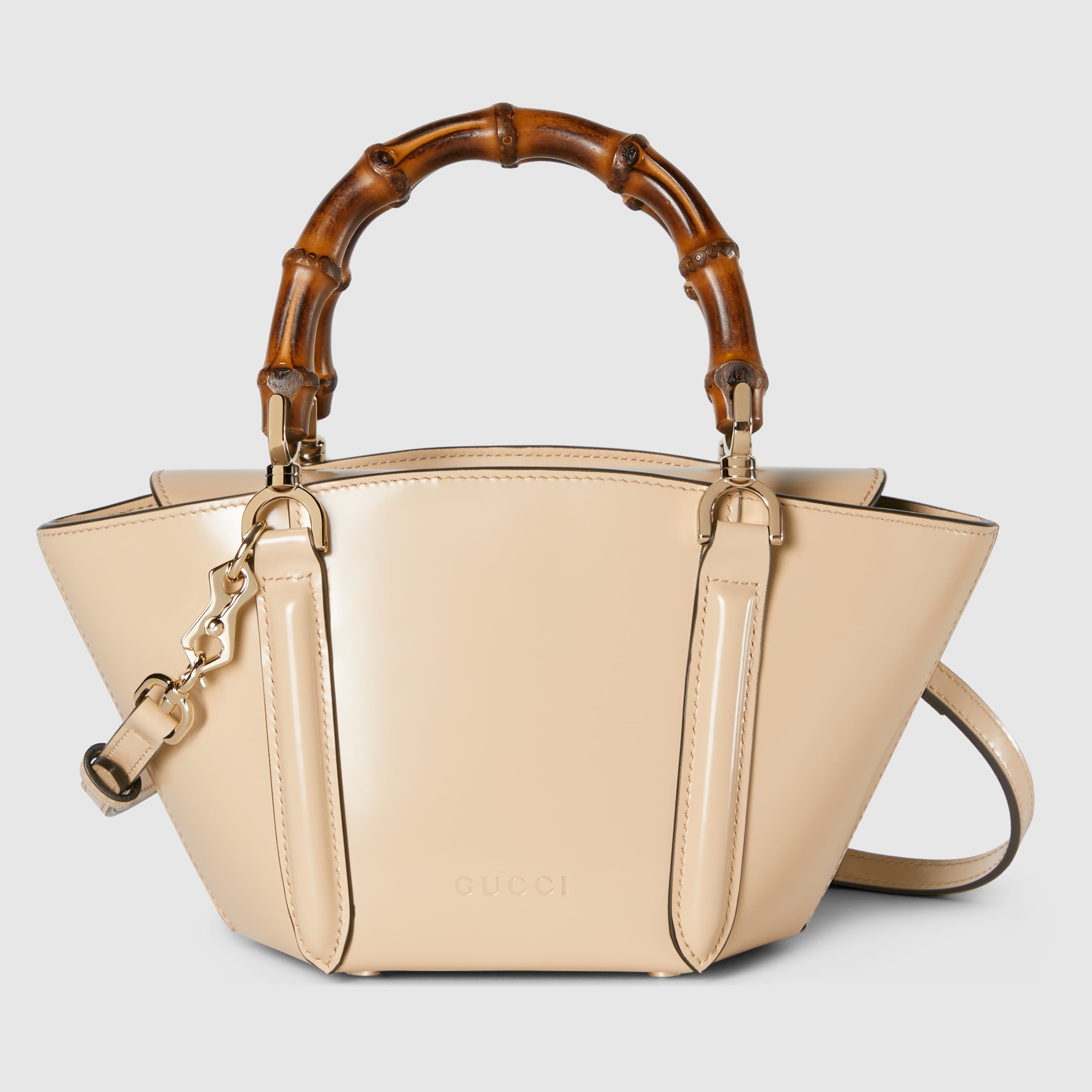 Mini bamboo top handle tote bag in light beige leather | GUCCI® TH