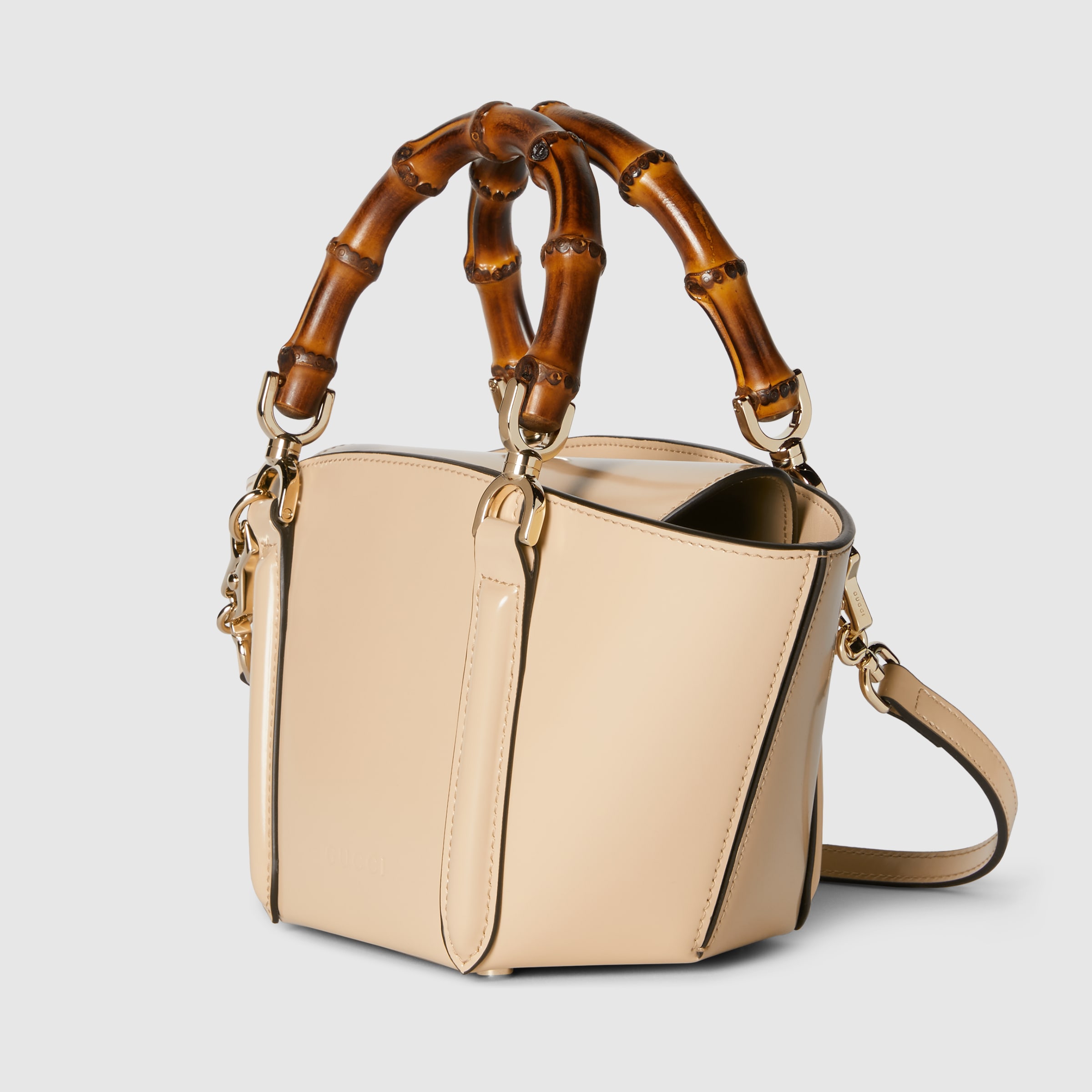 Mini bamboo top handle tote bag in light beige leather | GUCCI® TH