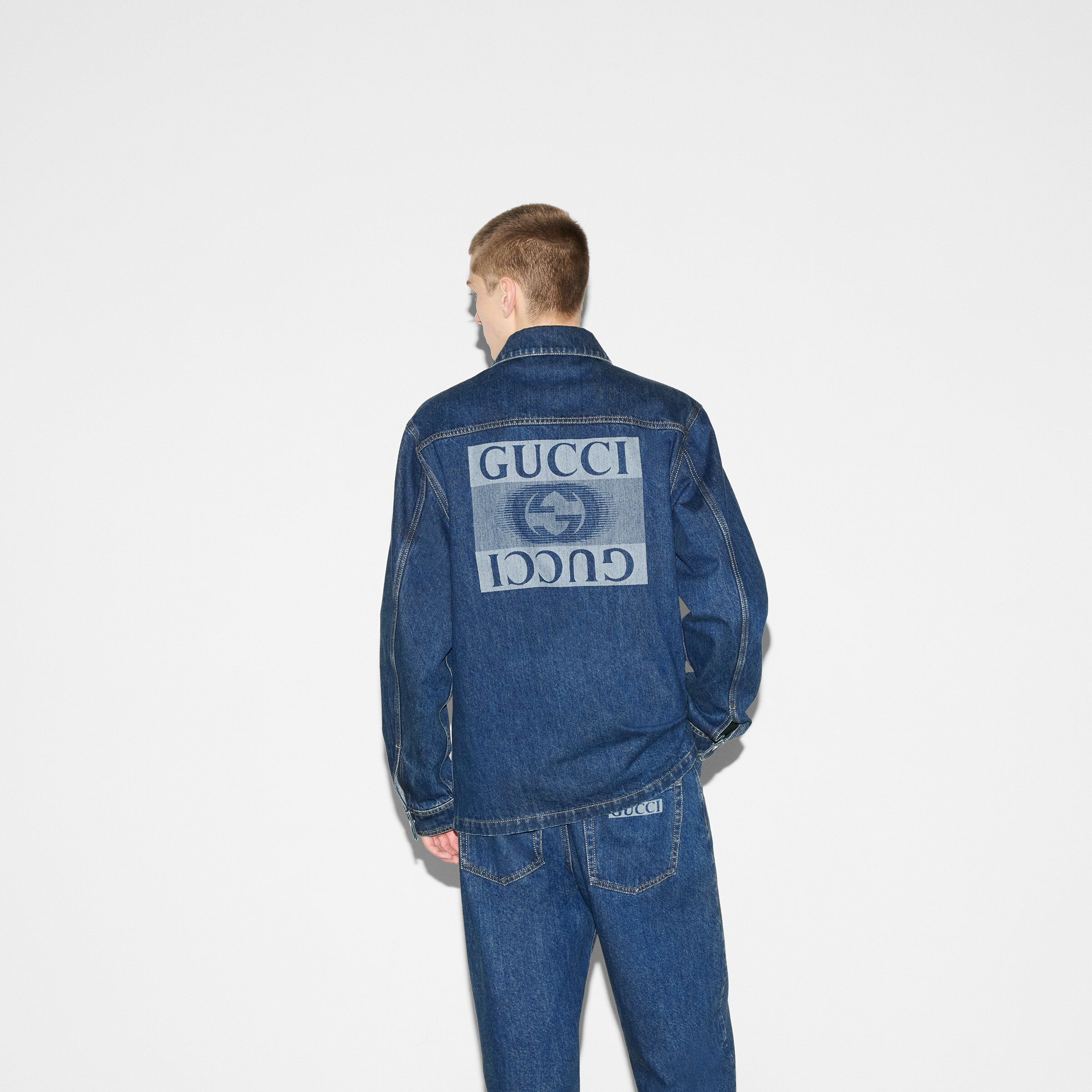 Lasered denim jacket in blue | GUCCI® US