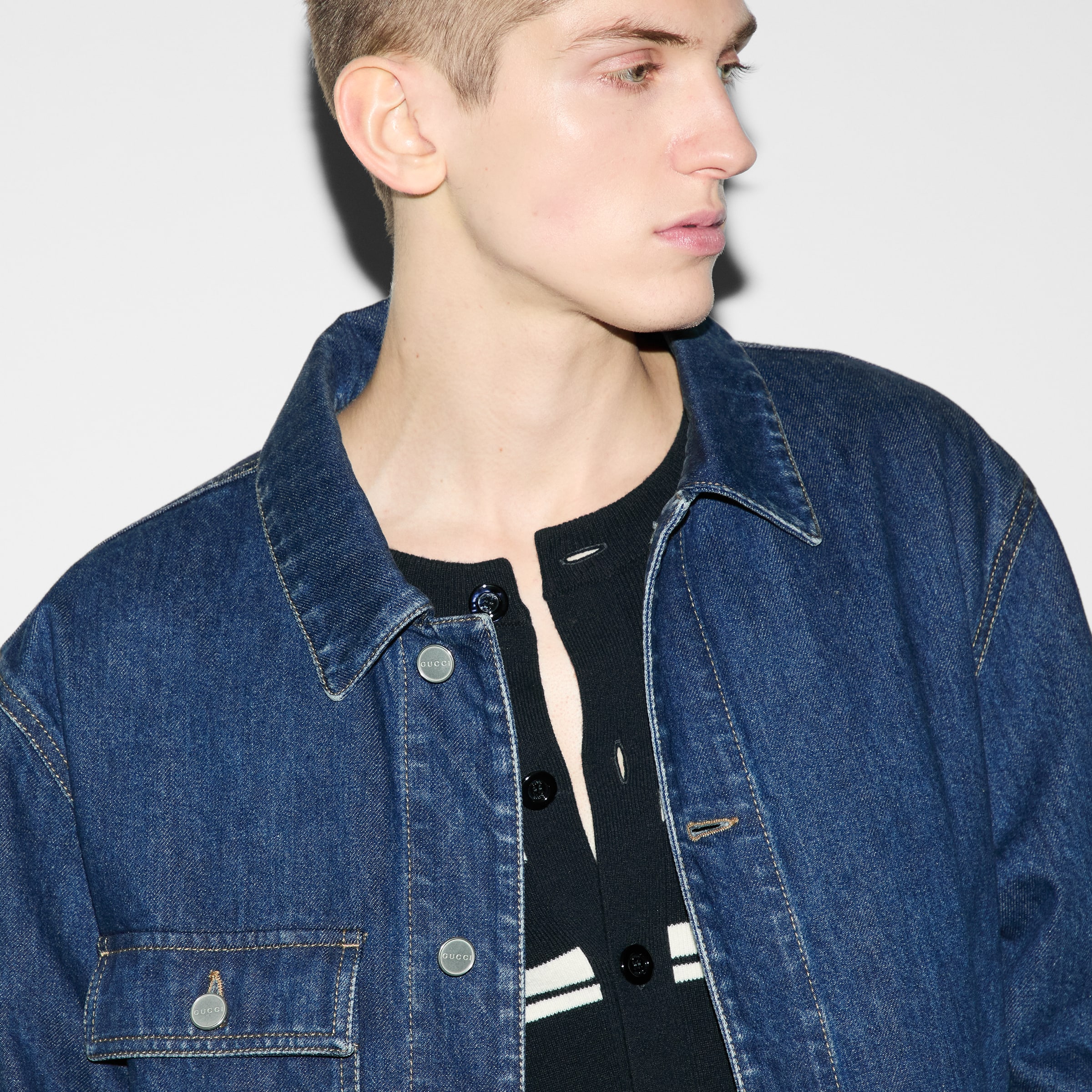 Lasered denim jacket in blue | GUCCI® US