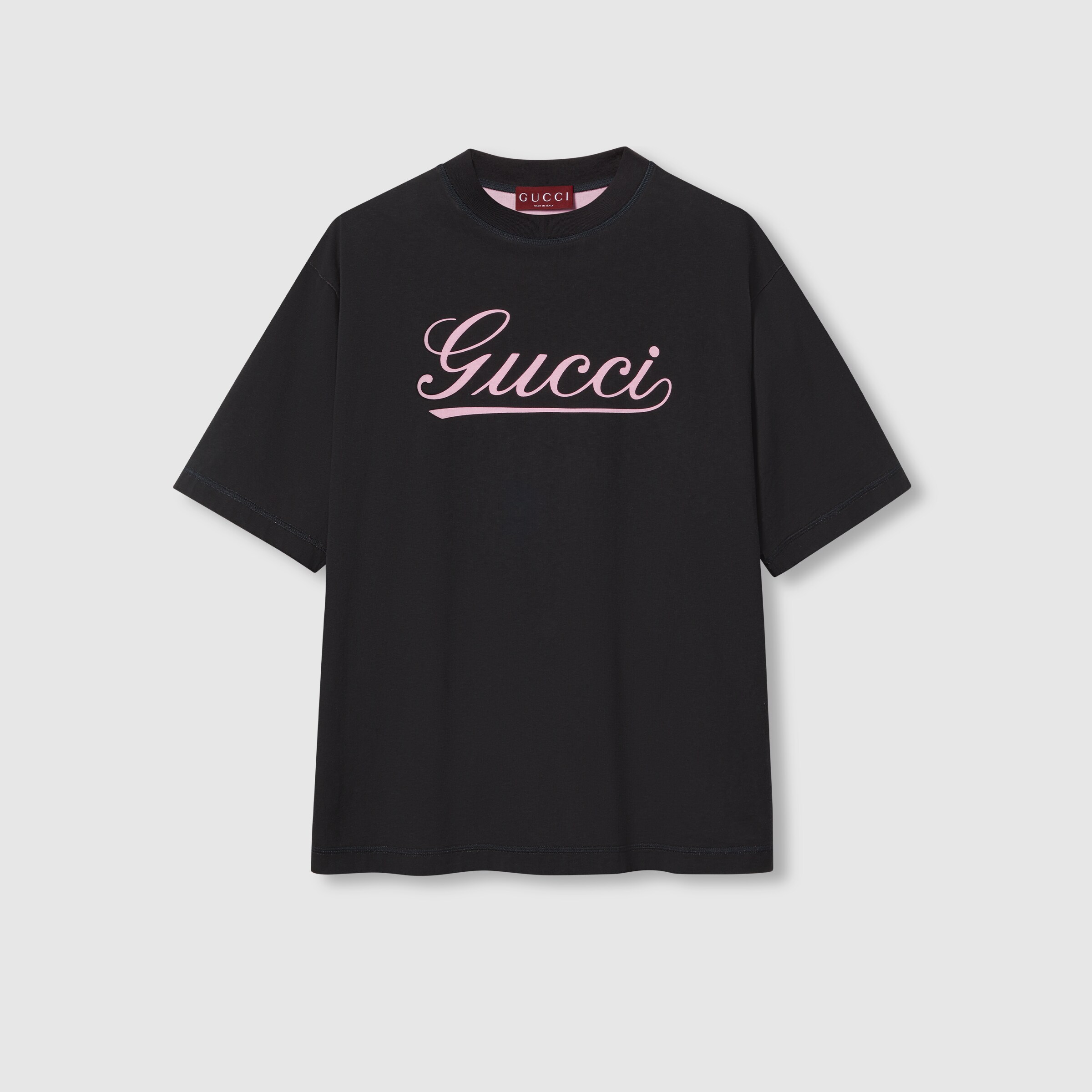 Cotton T-shirt with Gucci Script print in black | GUCCI® ZA