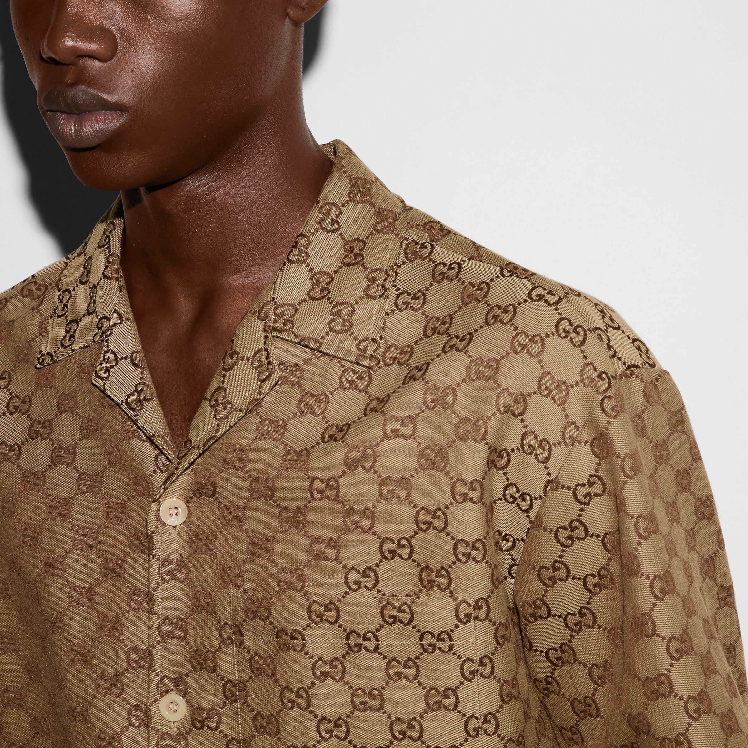 GG linen blend canvas shirt in camel and ebony | GUCCI® UK