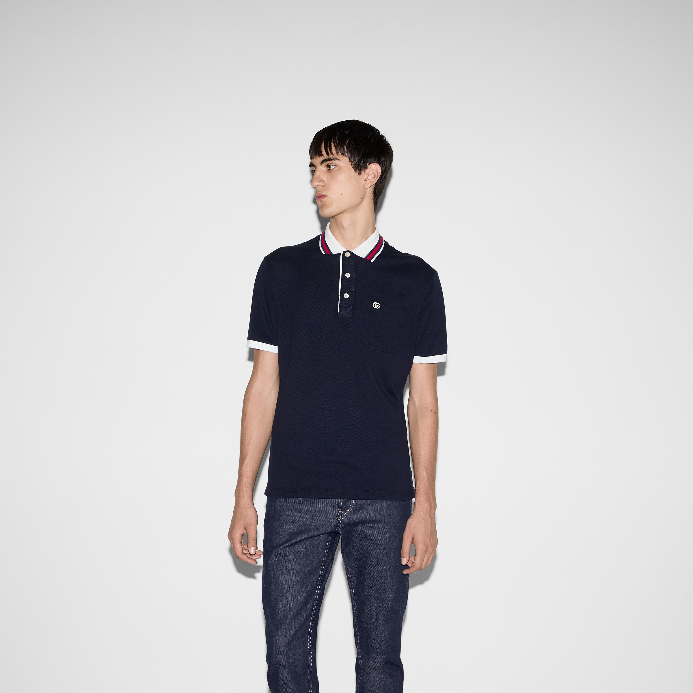 Polo in piqué di cotone con Doppia G in blu navy | GUCCI® Italia