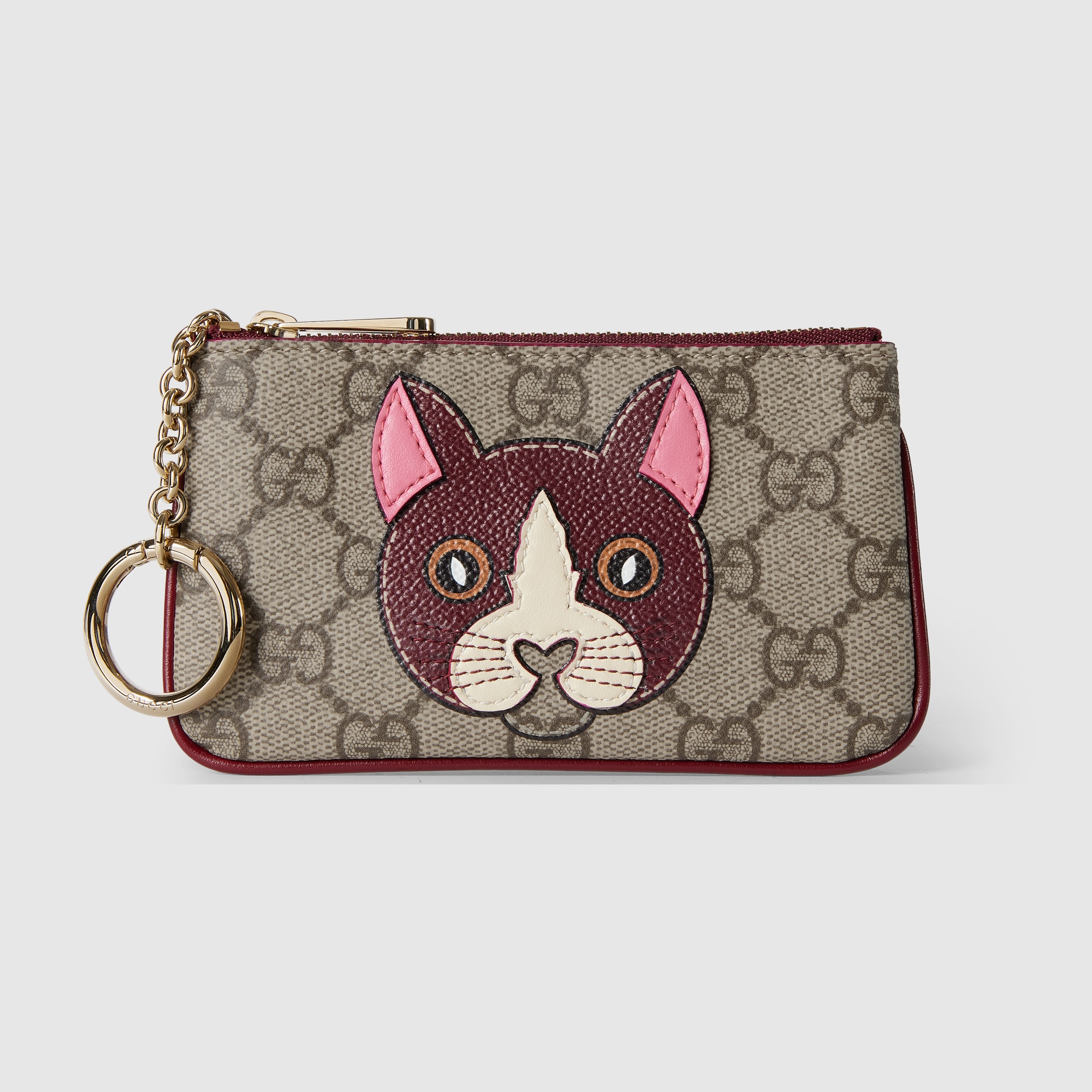 GG key case with cat detail in beige and dark brown fabric | GUCCI ...