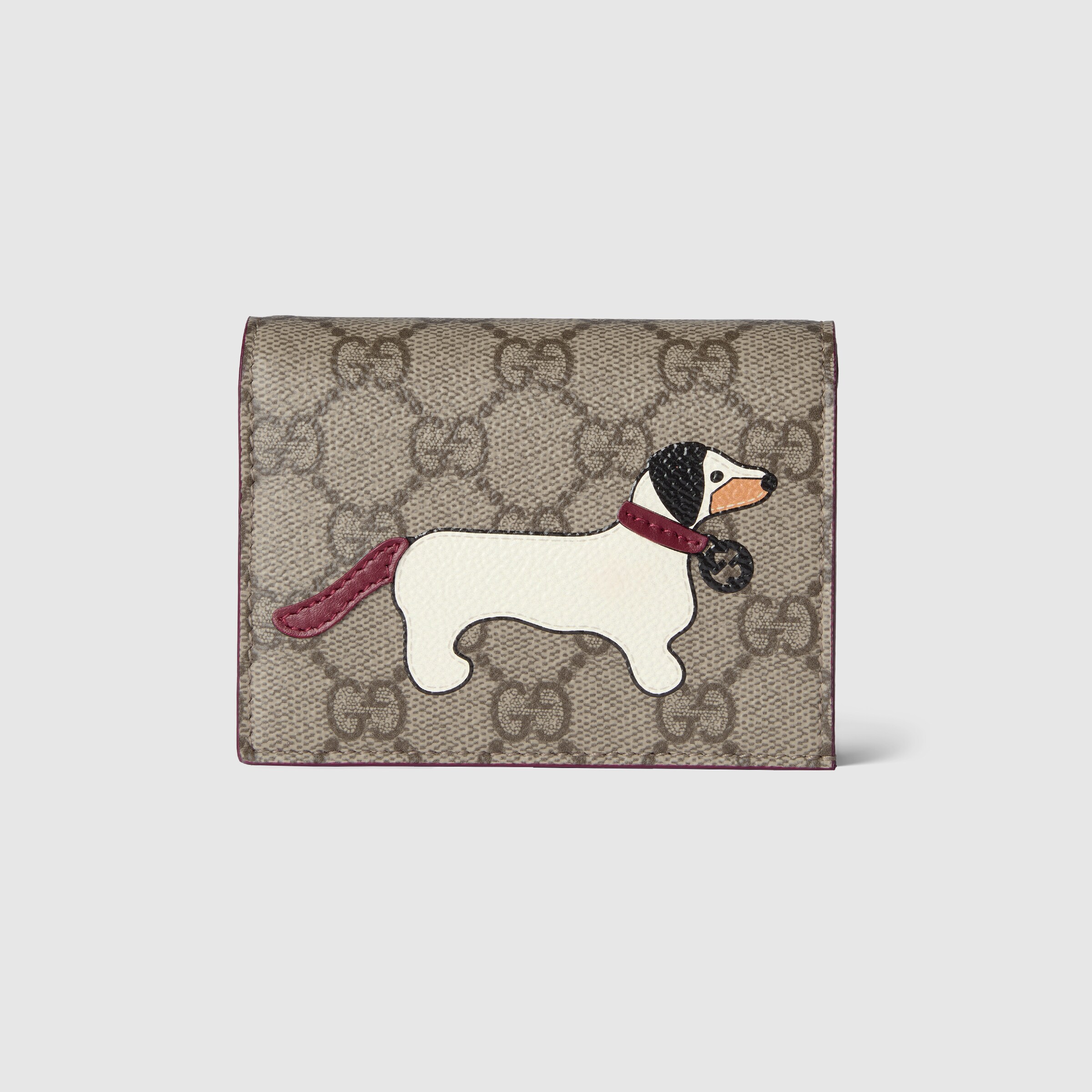 GG mini wallet with dog detail in beige and dark brown fabric | GUCCI® US