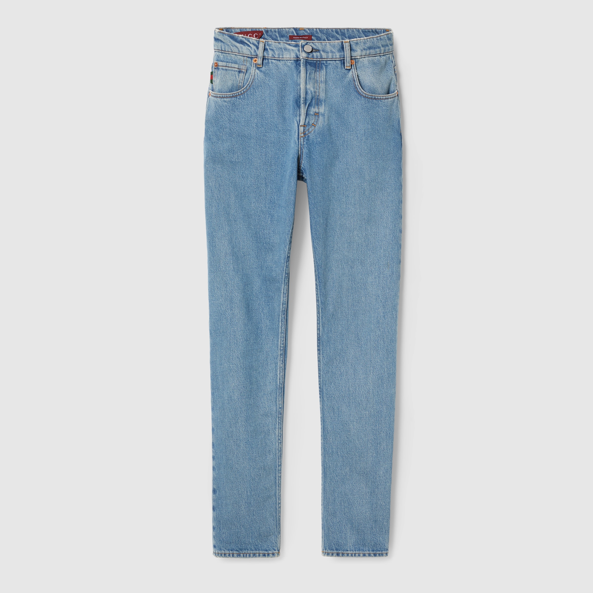 Tapered denim pant with Web in blue | GUCCI® US