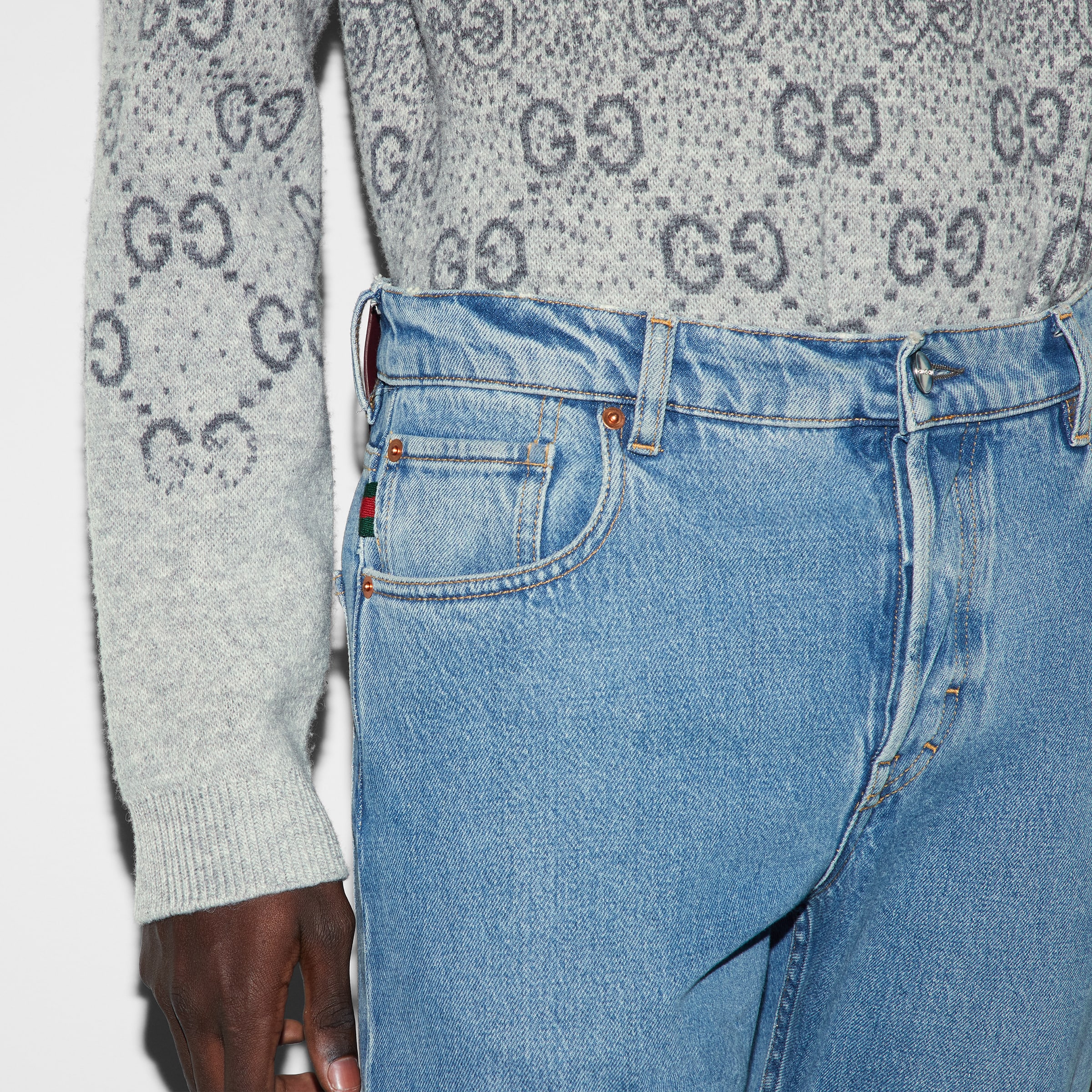 Denim trouser with Web in blue | GUCCI® ZA