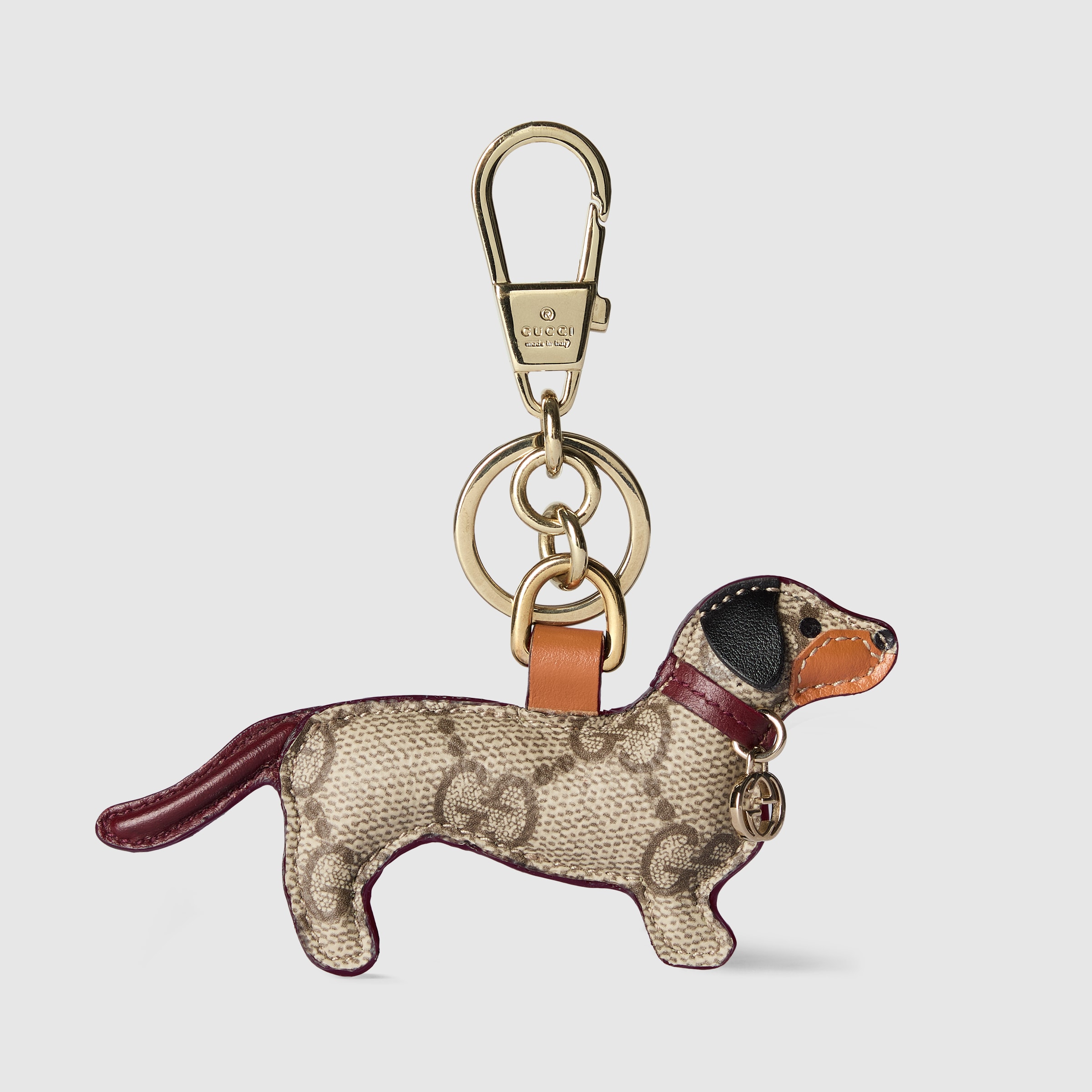 Dog-shaped keychain in beige and dark brown canvas | GUCCI® SG
