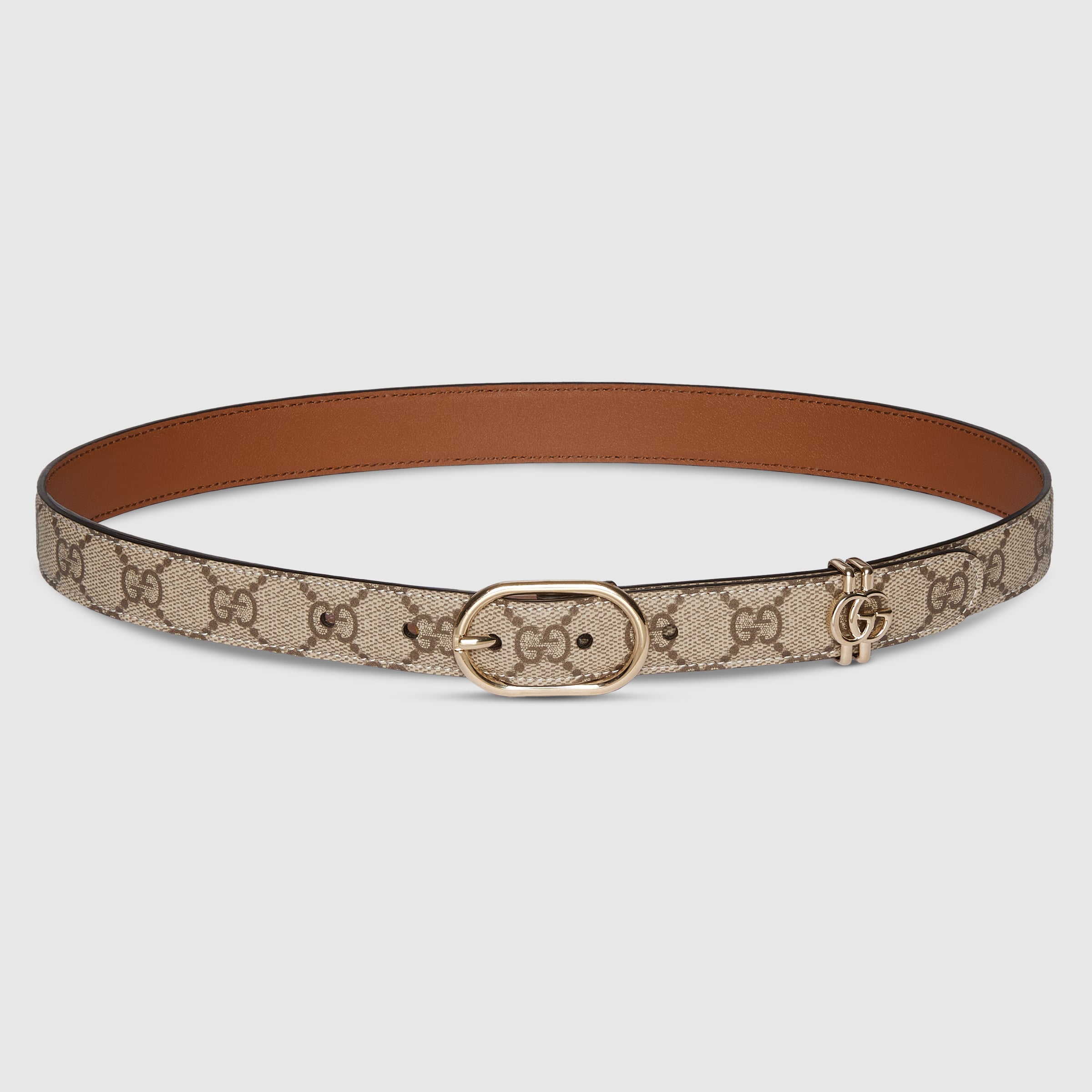 GG belt with oval buckle in beige and dark brown fabric | GUCCI® US
