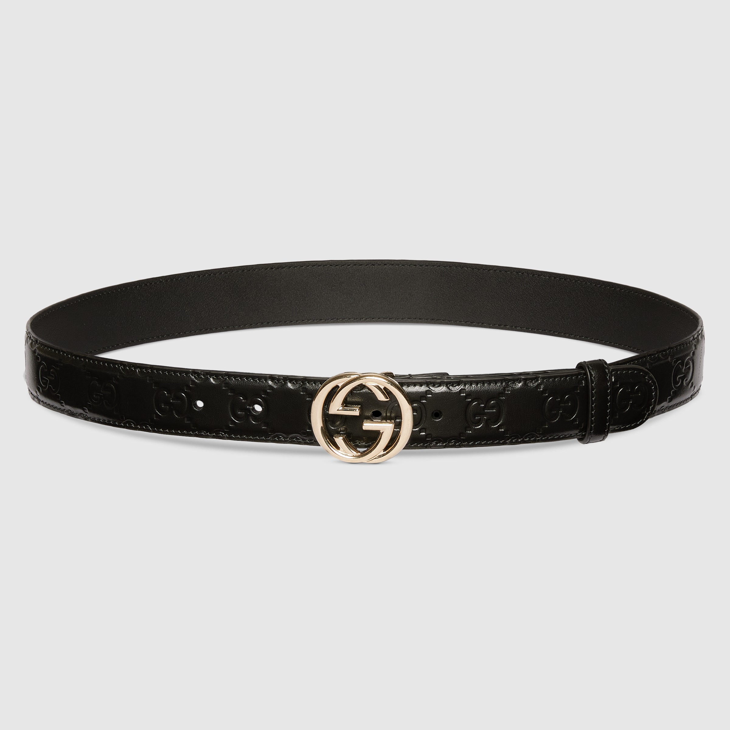 Belt with Interlocking G buckle in black GG leather | GUCCI® US
