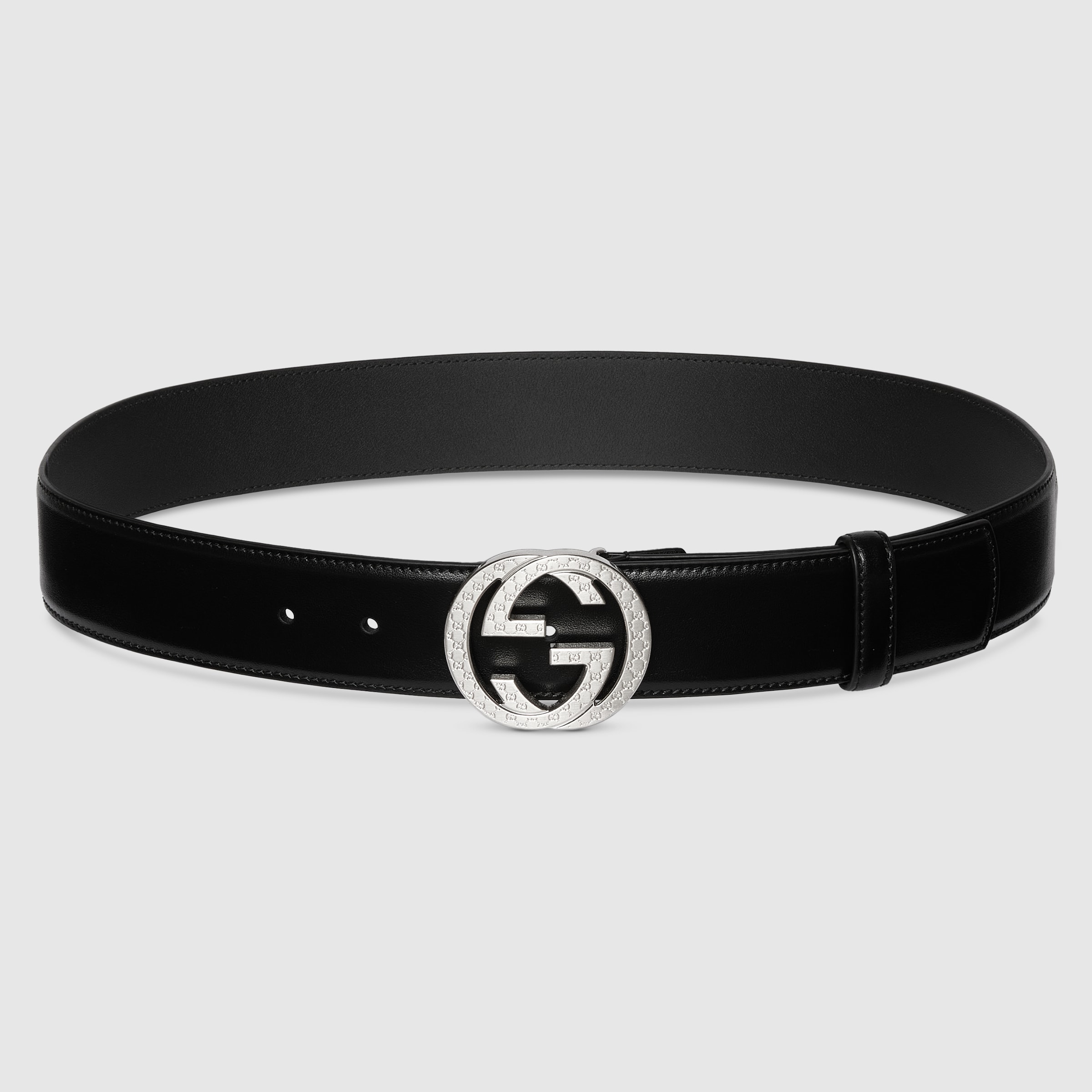 Belt with Interlocking G engraved buckle in black leather | GUCCI® UK