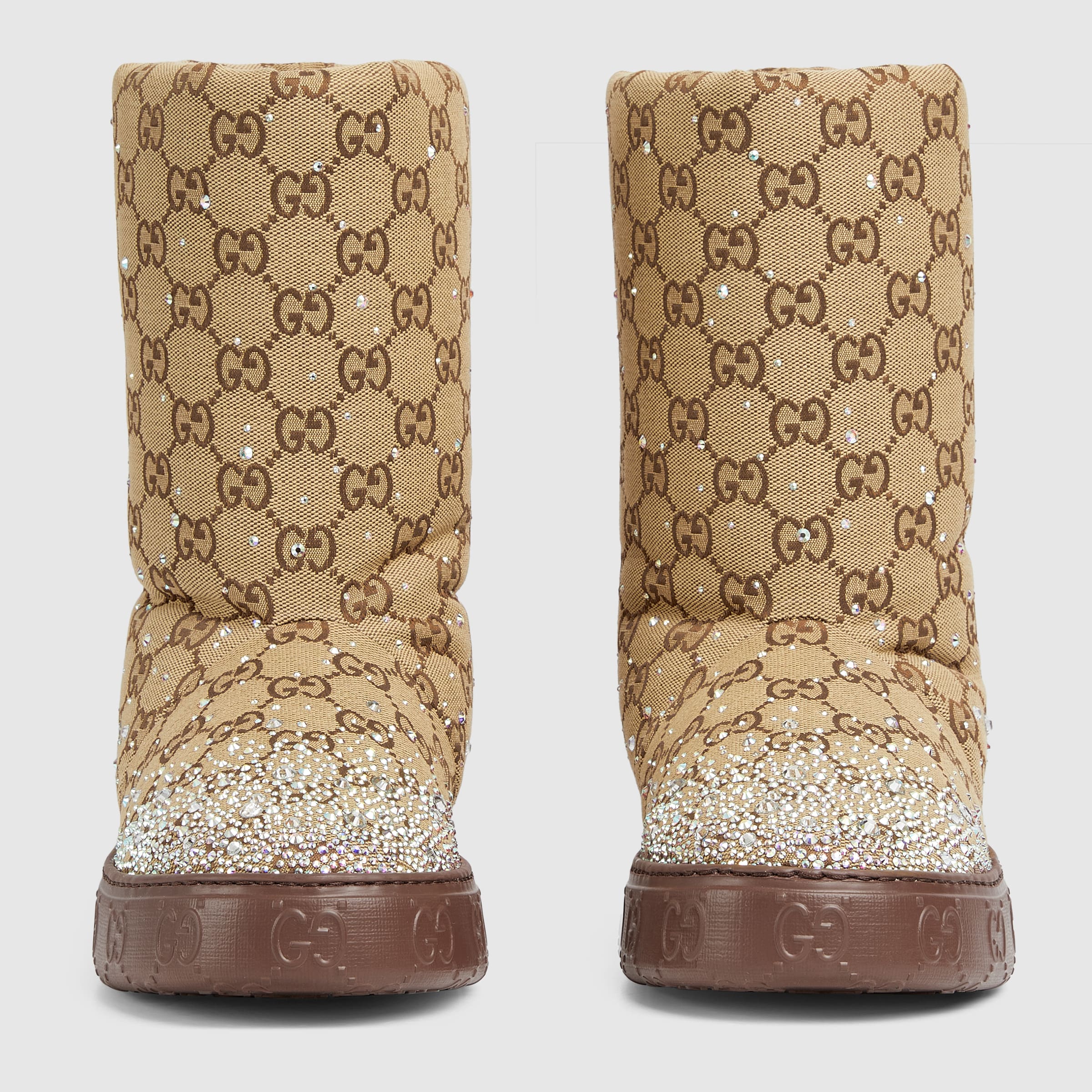 Women's boot with crystals in beige and dark brown GG canvas | GUCCI® US