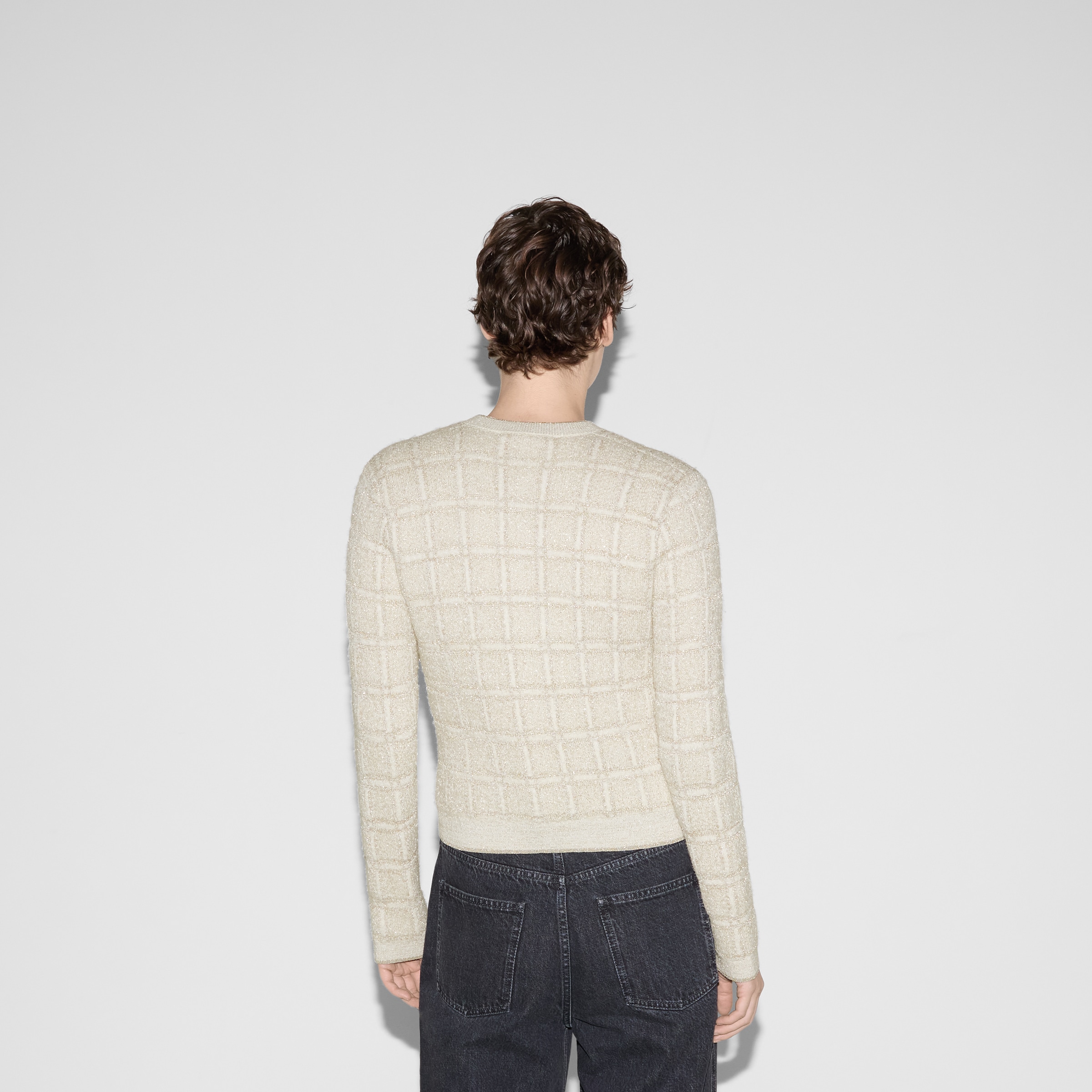 Wool and lamé check jacquard cardigan in white and gold | GUCCI® US