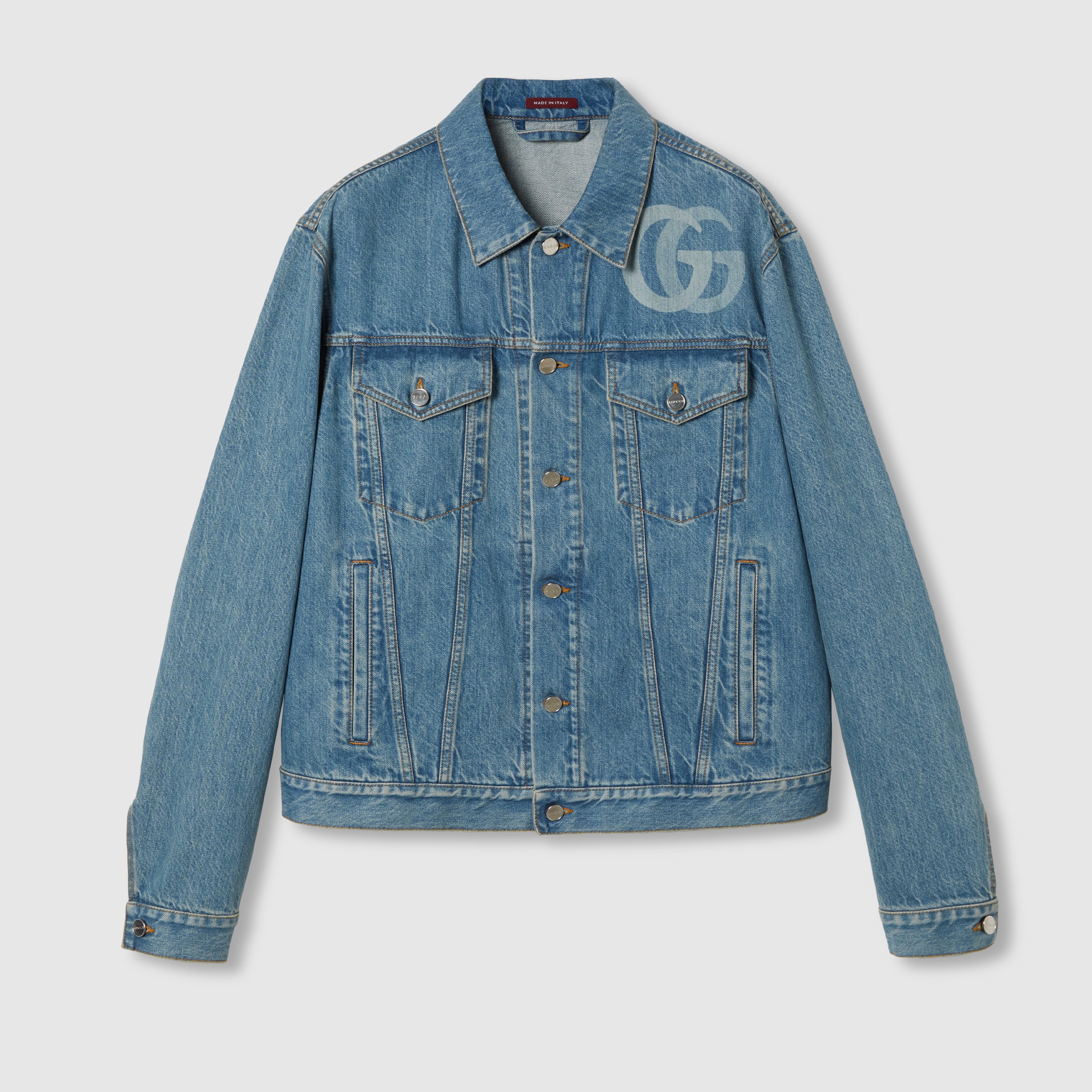 Lasered Double G denim jacket in blue | GUCCI® UK