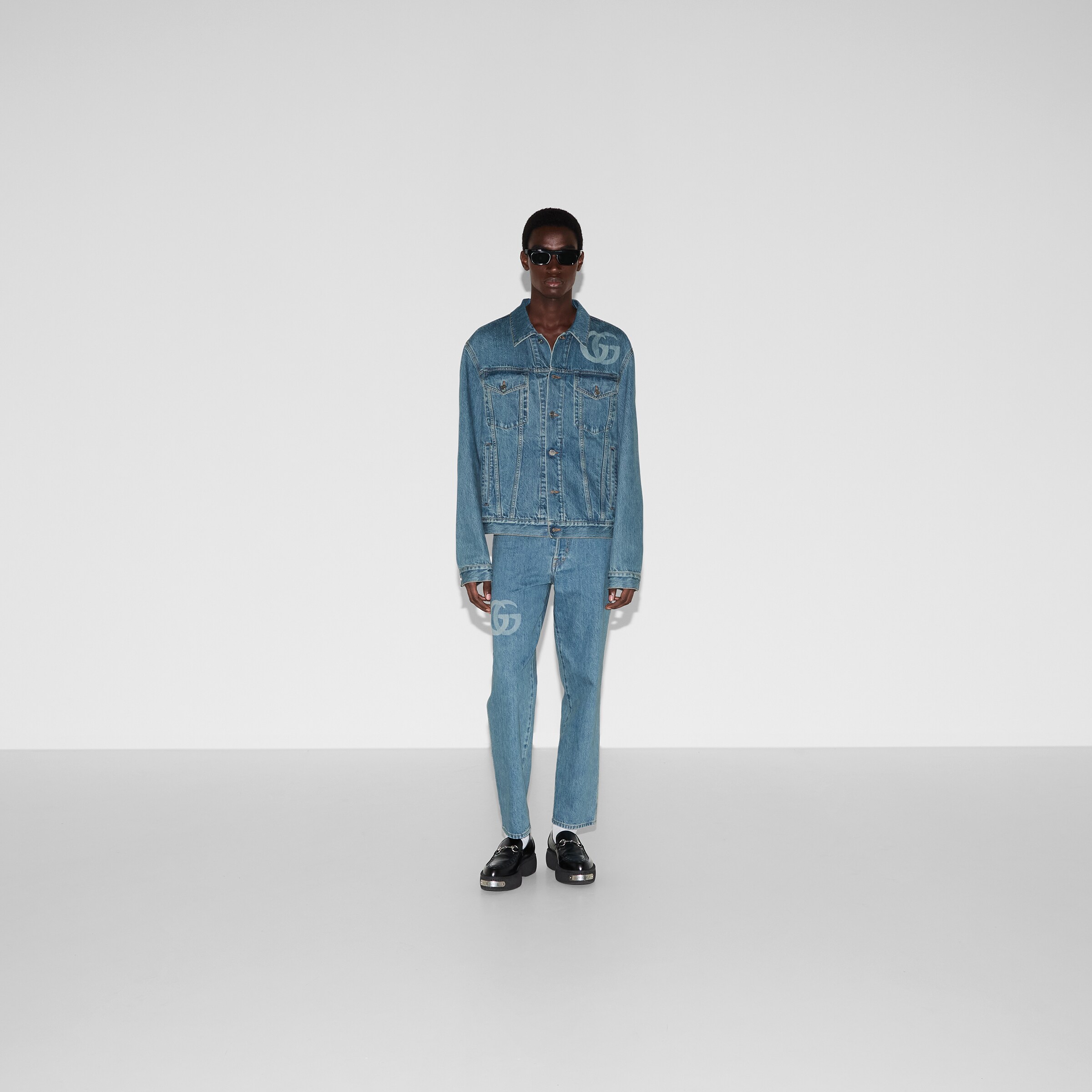 Lasered Double G denim jacket in blue | GUCCI® UK