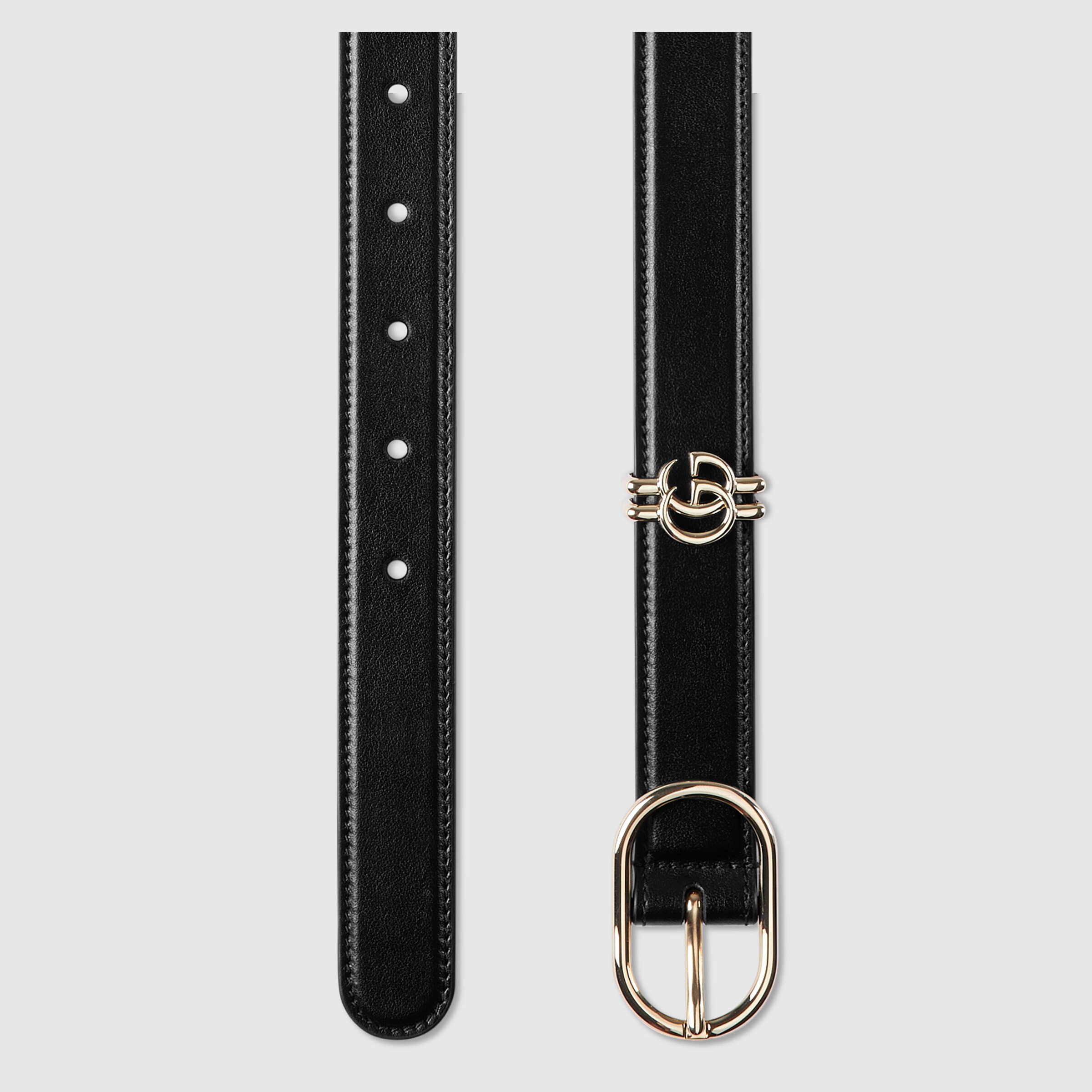 Belt with oval buckle in black leather | GUCCI® US