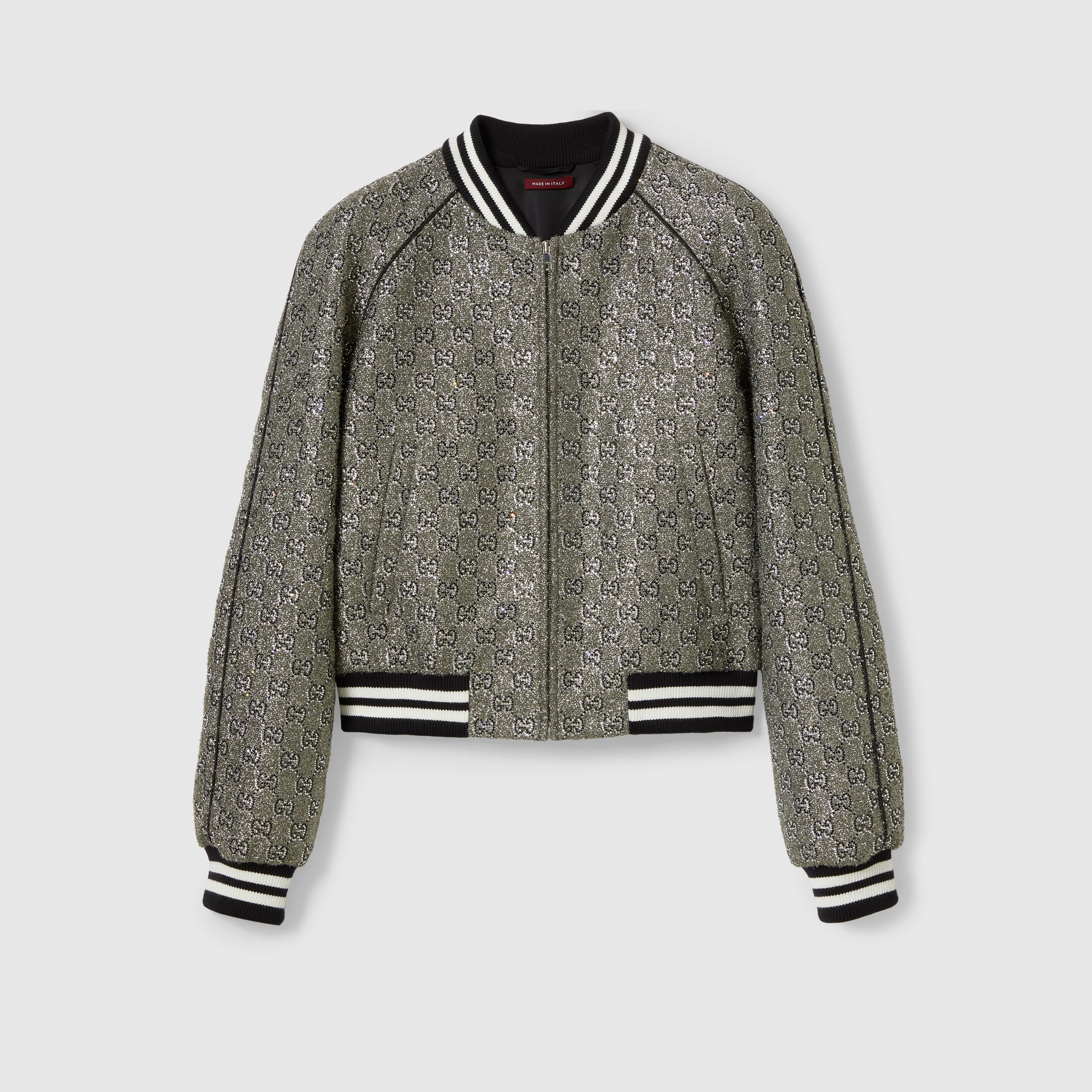 Embroidered tweed bomber jacket in grey | GUCCI® GR