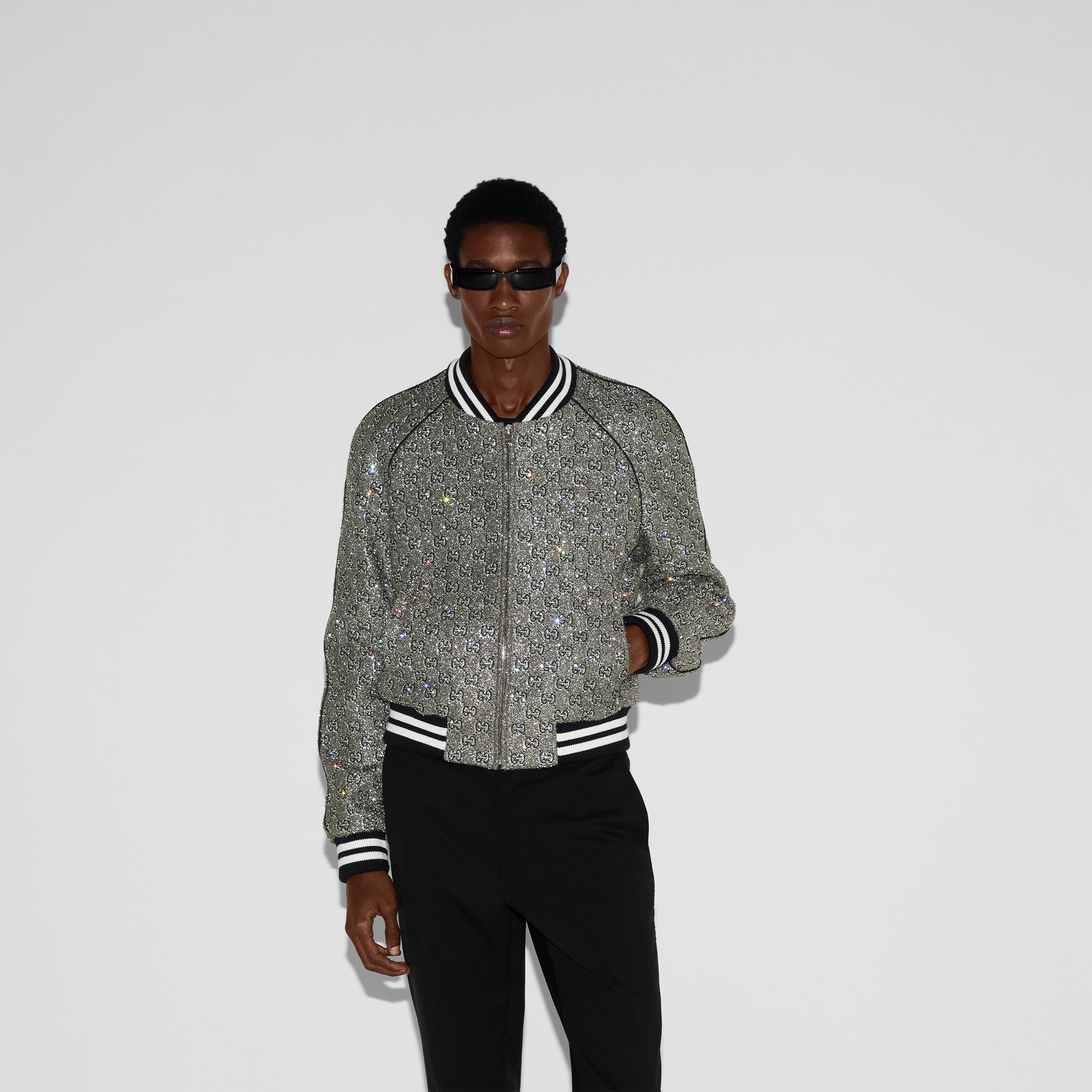 Embroidered tweed bomber jacket in grey | GUCCI® SE