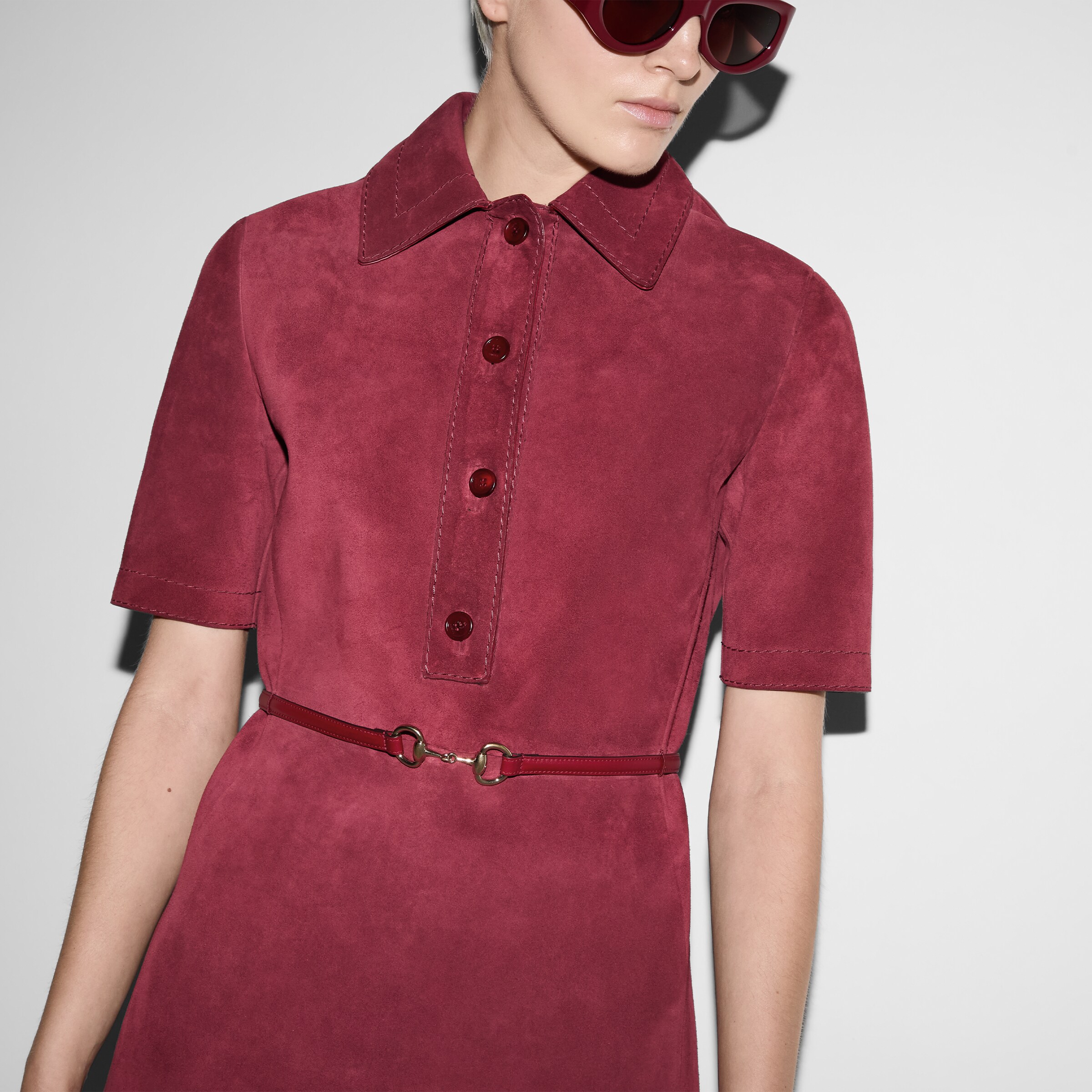 Suede dress with detachable belt in Gucci Rosso Ancora red | GUCCI® UK