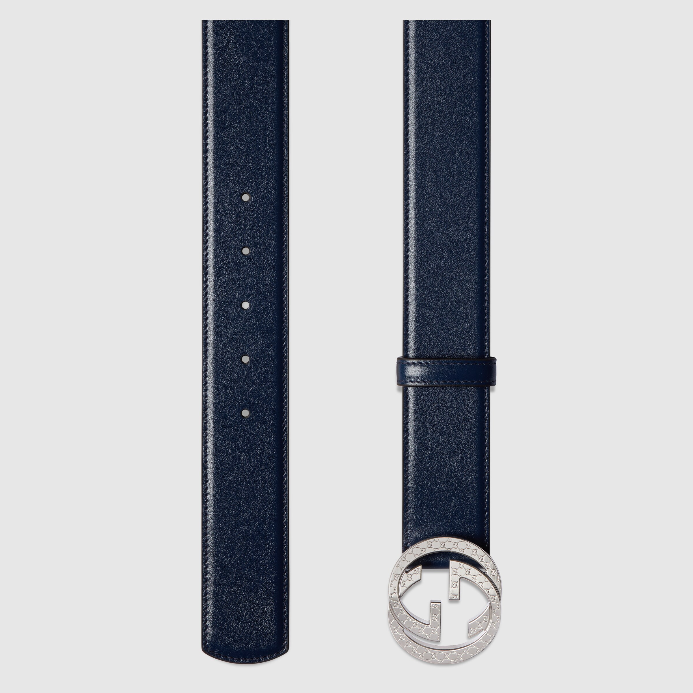 Belt with Interlocking G engraved buckle in dark blue leather | GUCCI® US