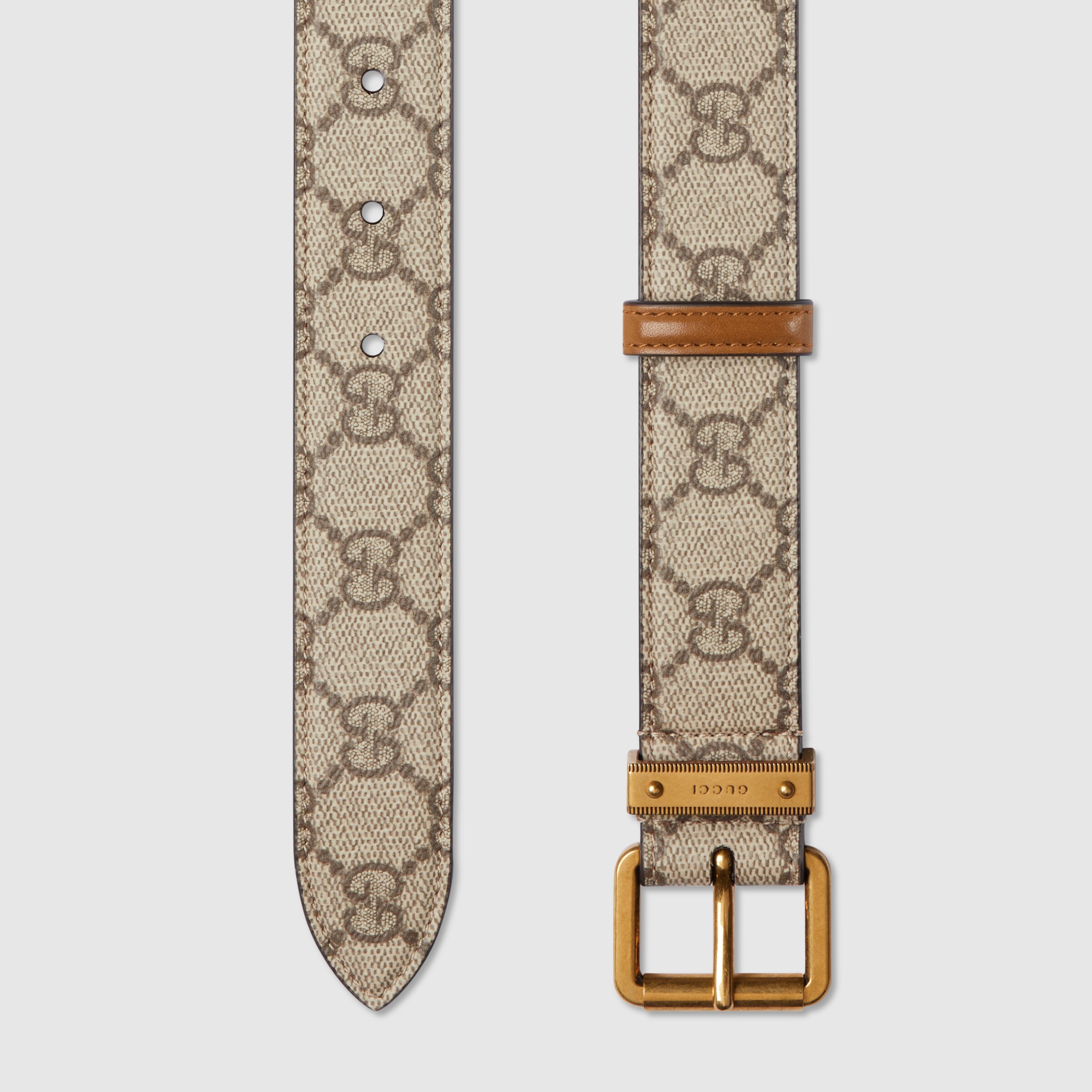 GG Emblem belt with square buckle in beige and dark brown fabric ...